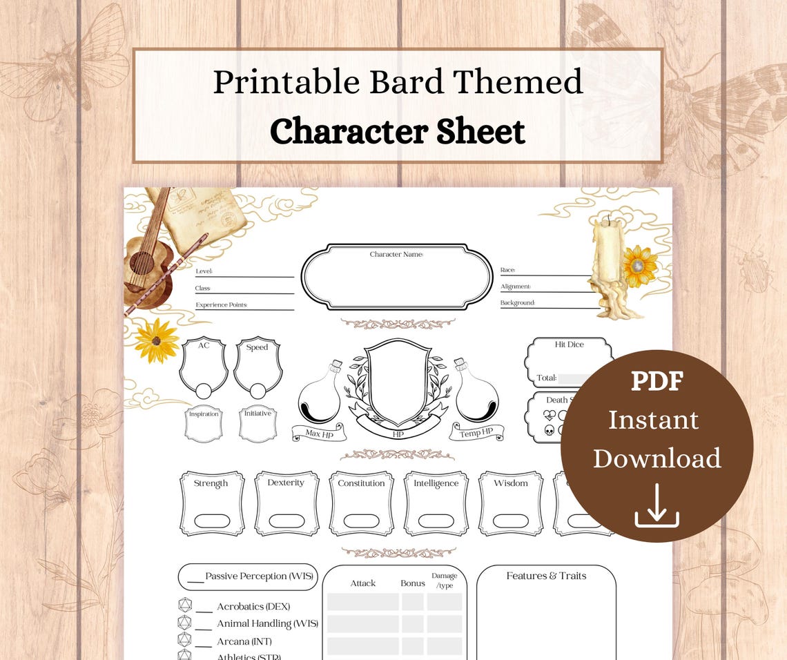 Bard Character Sheet Printable PDF | Bard Themed Dnd Accessories | Dnd ...