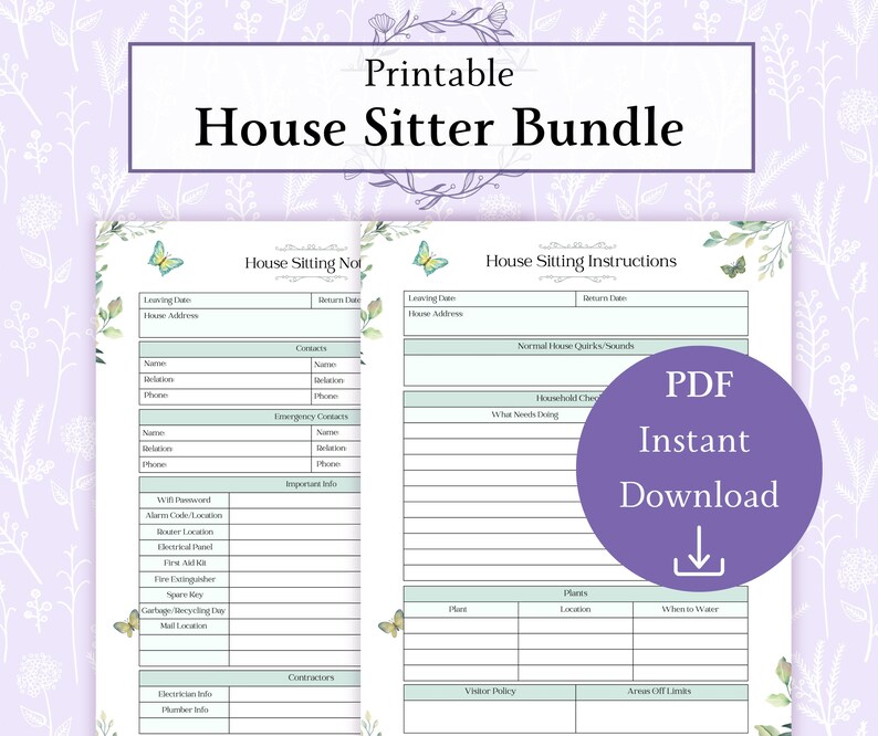 House Sitter Plan Bundle Printable PDF | House Sitting Instructions ...