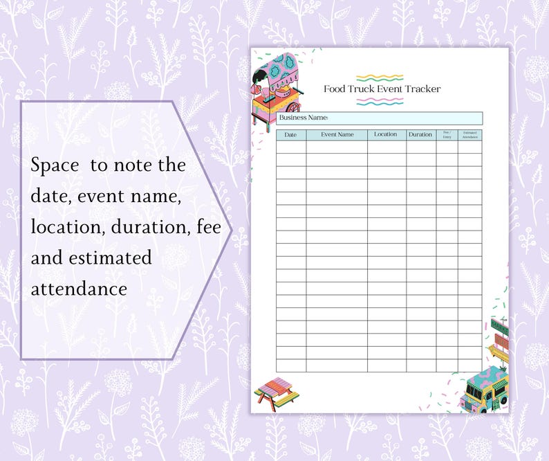 Food Truck Event Tracker Printable PDF | Vendor Event Planner | Food ...