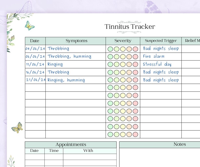 Tinnitus Tracker Printable PDF | Medical Tracker | Tinnitus Journal ...