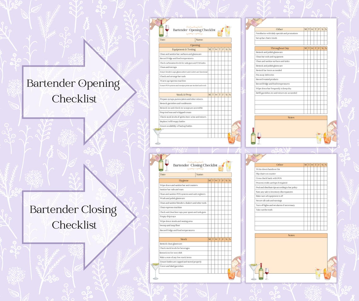 Bartender Checklist Bundle Printable PDF | Bar Opening Checklist ...