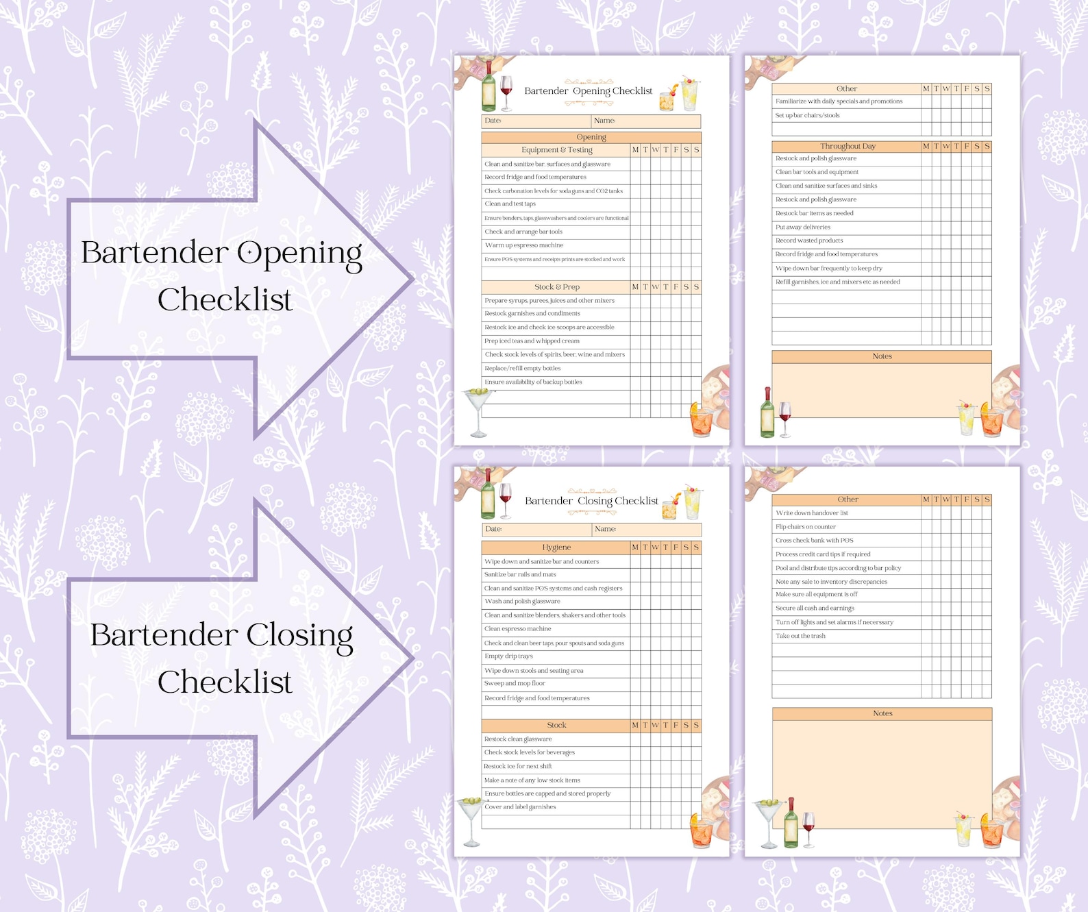 Bartender Checklist Bundle Printable PDF | Bar Opening Checklist | Closing Checklist | Bartender ...