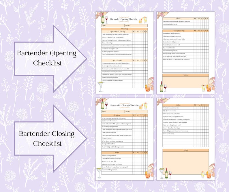 Bartender Checklist Bundle Printable PDF | Bar Opening Checklist | Closing Checklist | Bartender ...