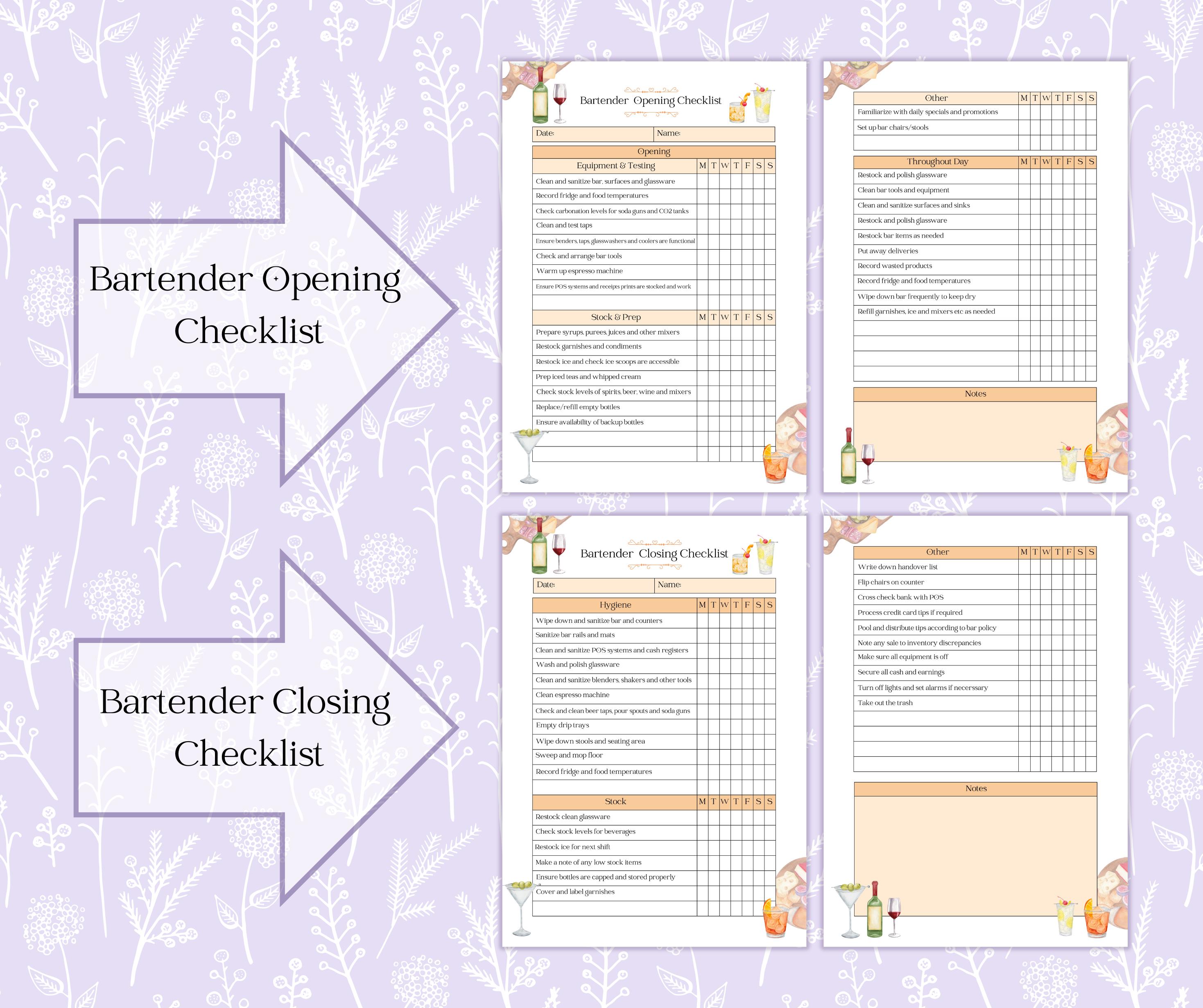 Bartender Checklist Bundle Printable PDF | Bar Opening Checklist ...
