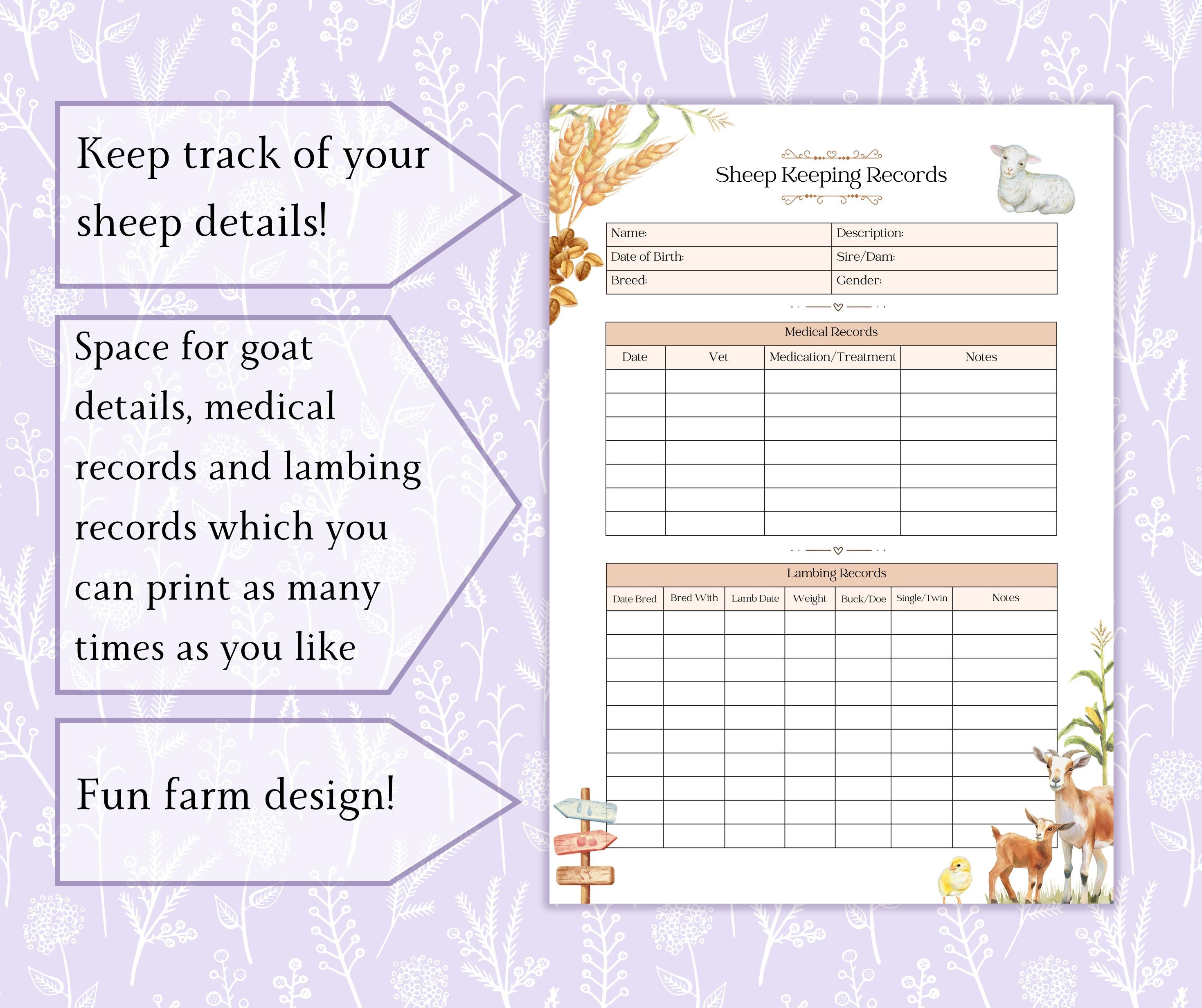 Sheep Keeping Records Sheet Printable PDF | Sheep Log Book | Livestock ...