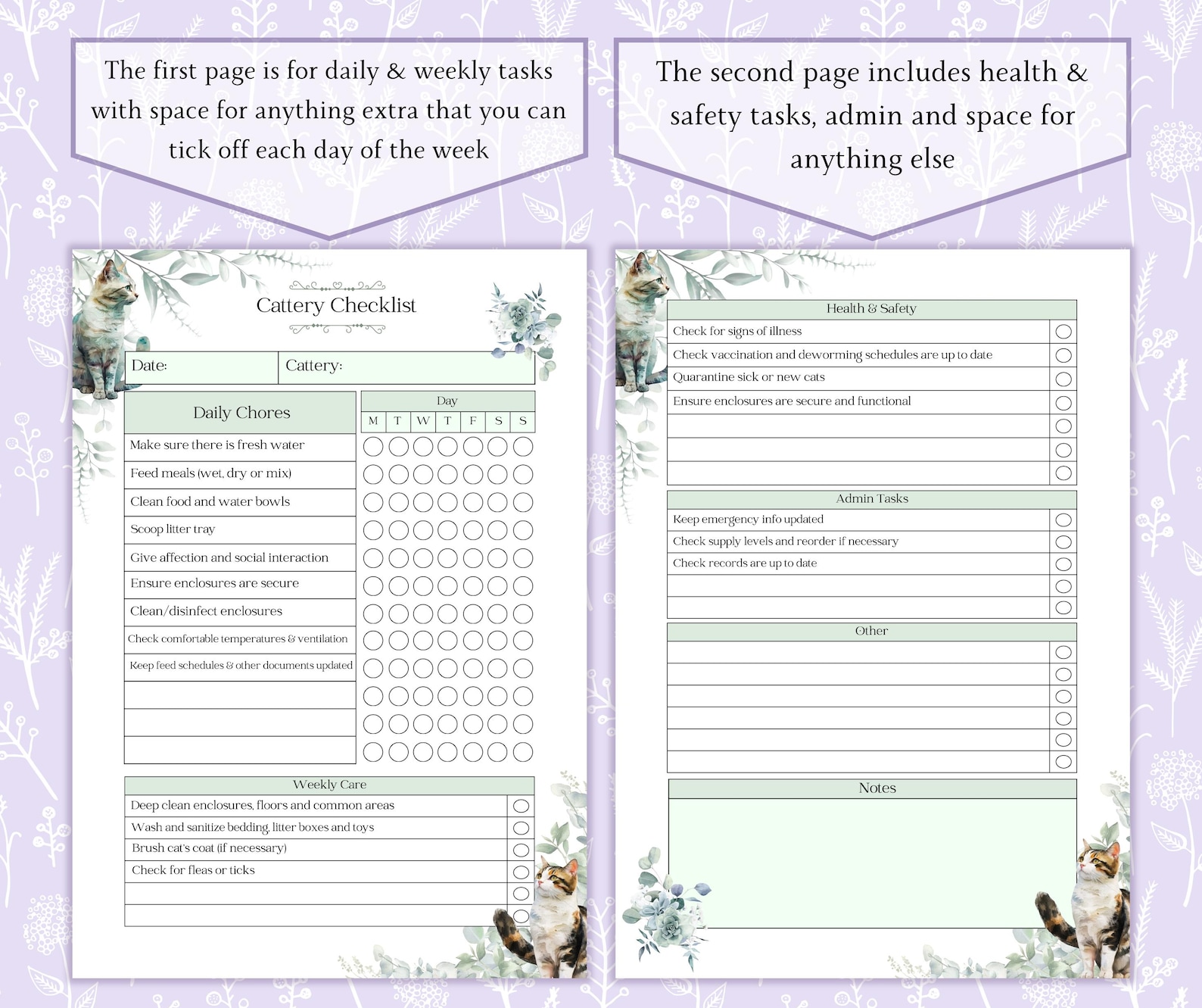 Cattery Checklist Printable PDF | Animal Shelter Checklist | Cat Daily ...