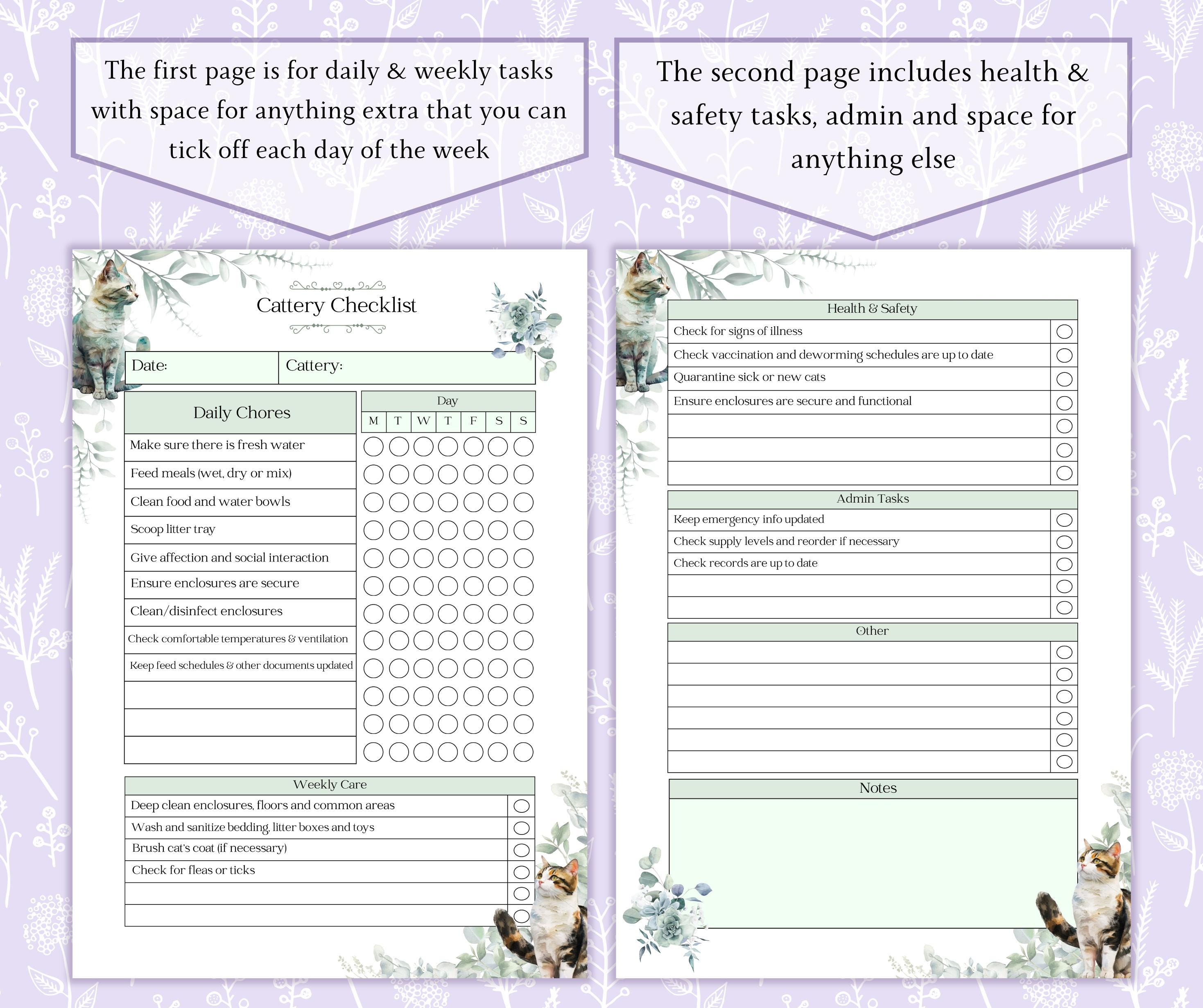 Cattery Checklist Printable PDF | Animal Shelter Checklist | Cat Daily ...