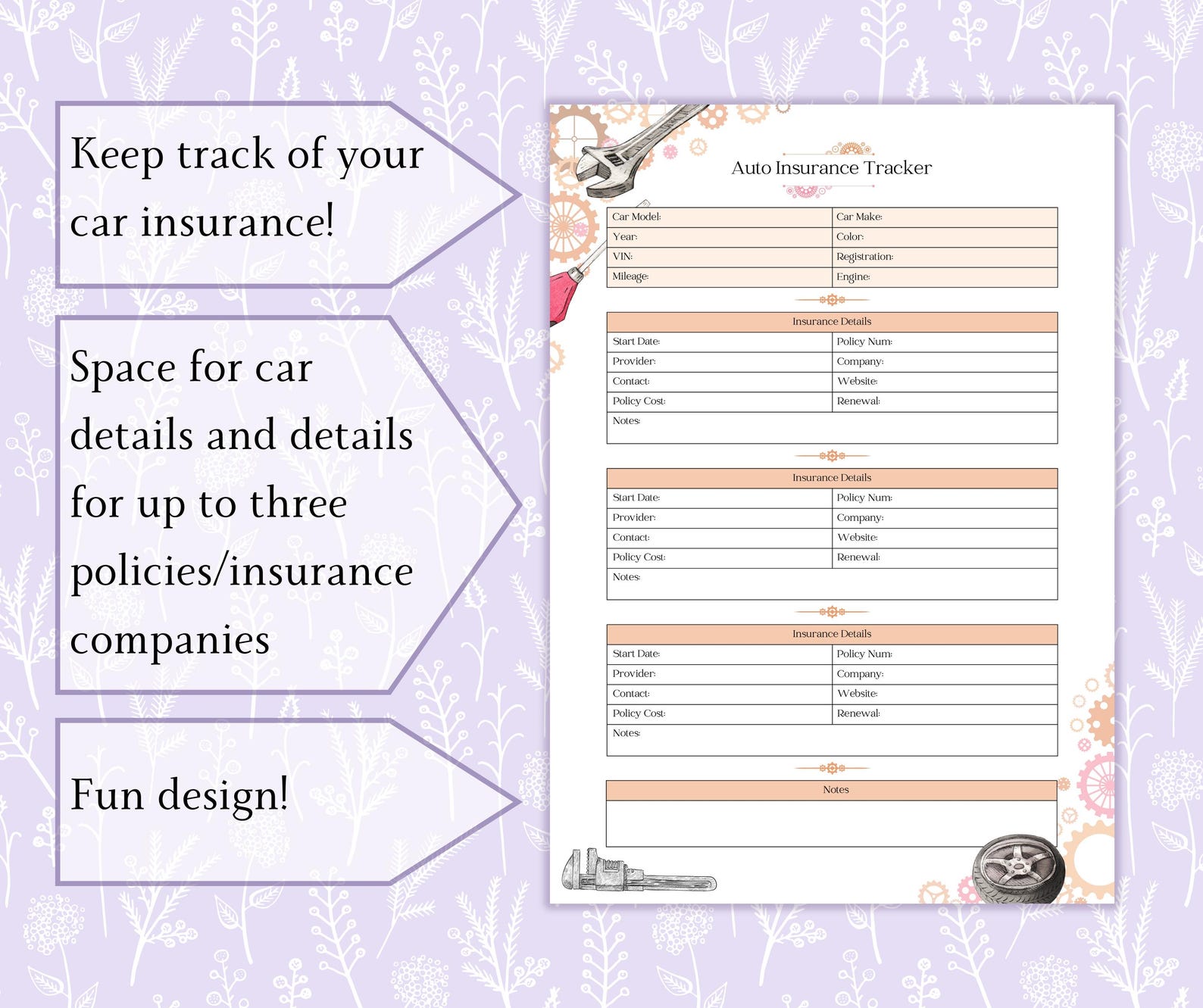 Auto Insurance Tracker Printable PDF | Car Insurance Details ...