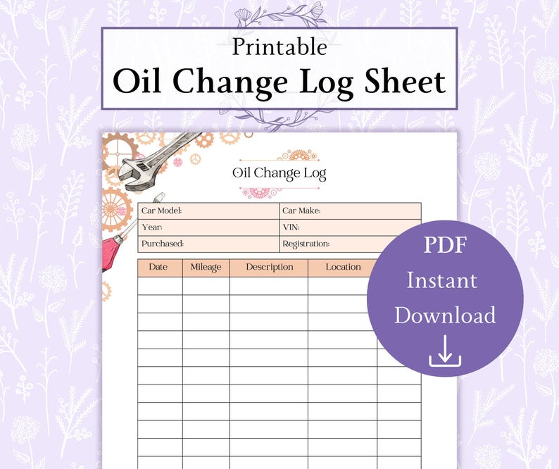 Oil Change Log Sheet Printable PDF | Oil Change Tracker | Car ...