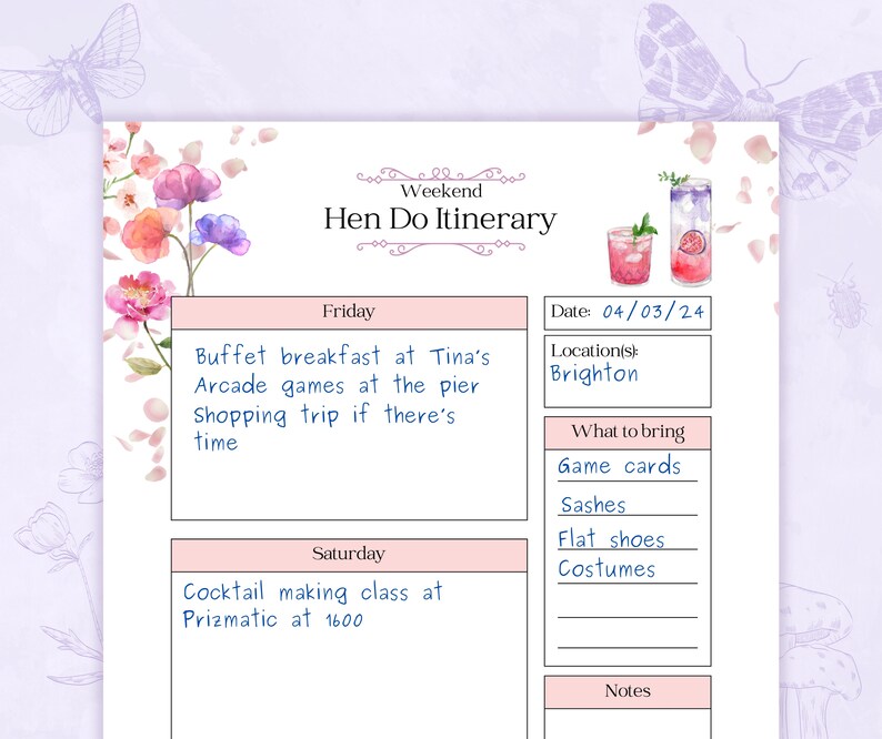 Hen Do Itinerary Printable PDF Weekend Hen Party Itinerary Team Bride ...
