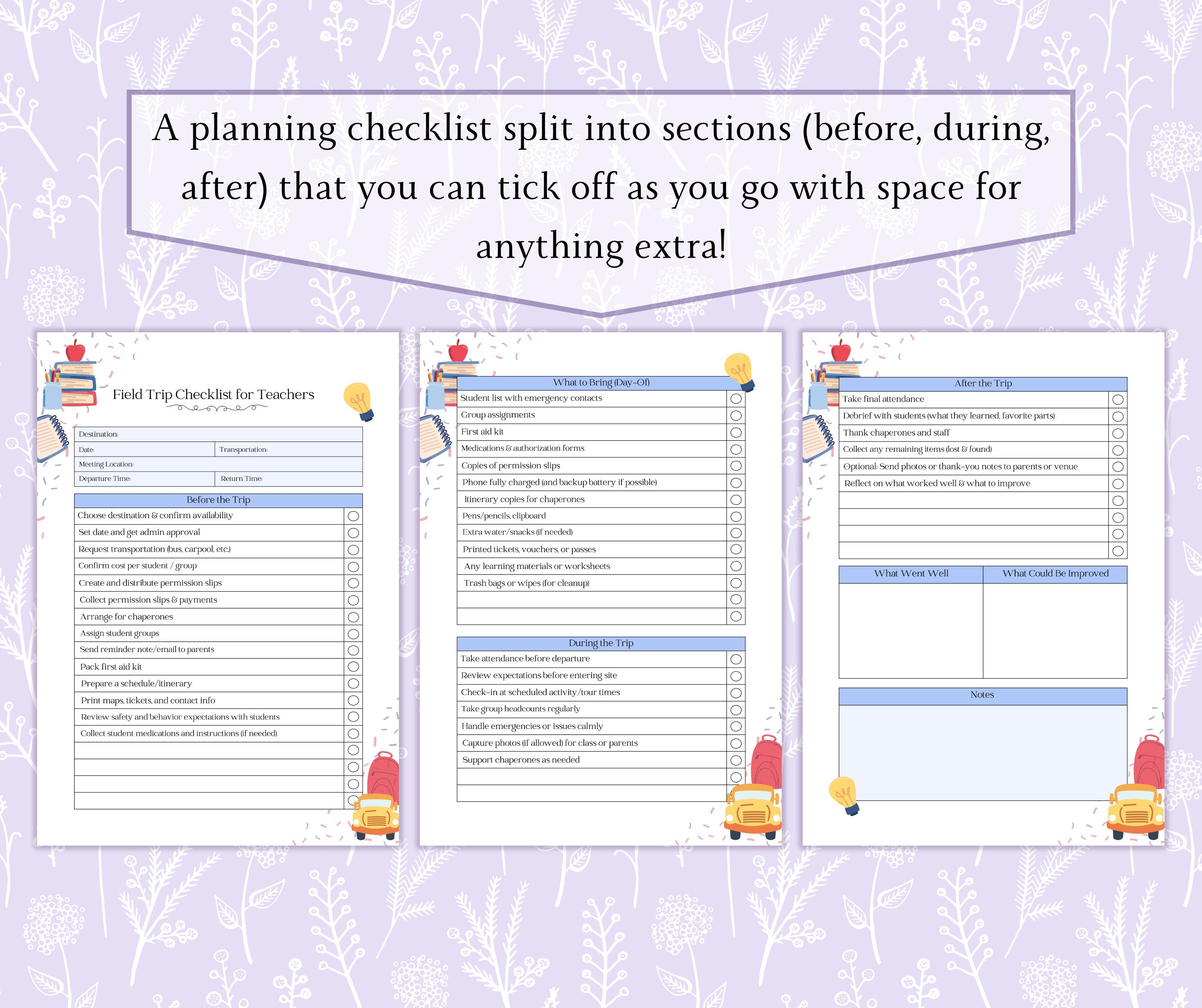 Teacher Field Trip Checklist Printable PDF, School Trip Planning Sheet ...