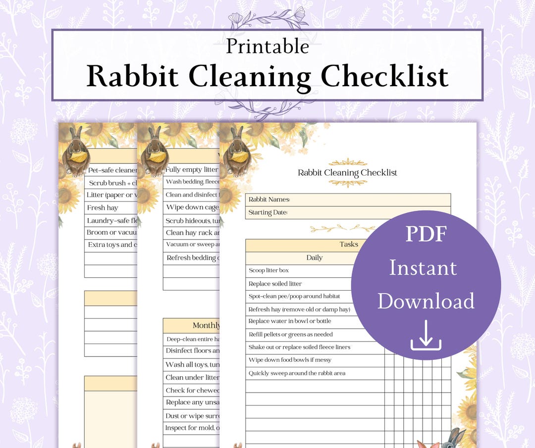 Rabbit Cleaning Checklist Printable PDF, Bunny Care Printable, Litter ...