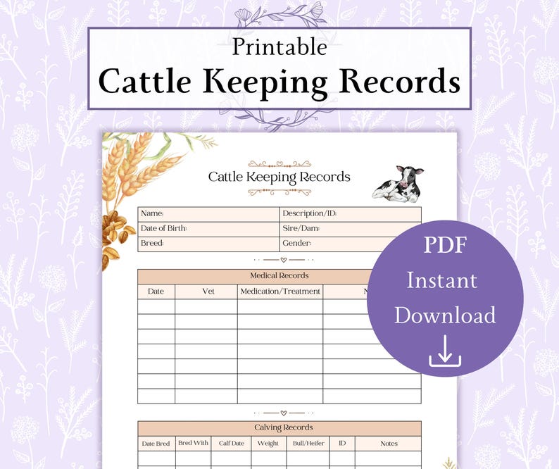Cattle Keeping Records Sheet Printable PDF | Cattle Management | Cattle Log Book | Farm ...
