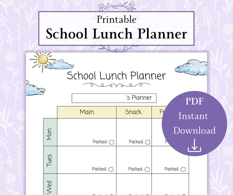 School Lunch Planner Printable PDF | School Lunch Ideas | Lunch Box ...