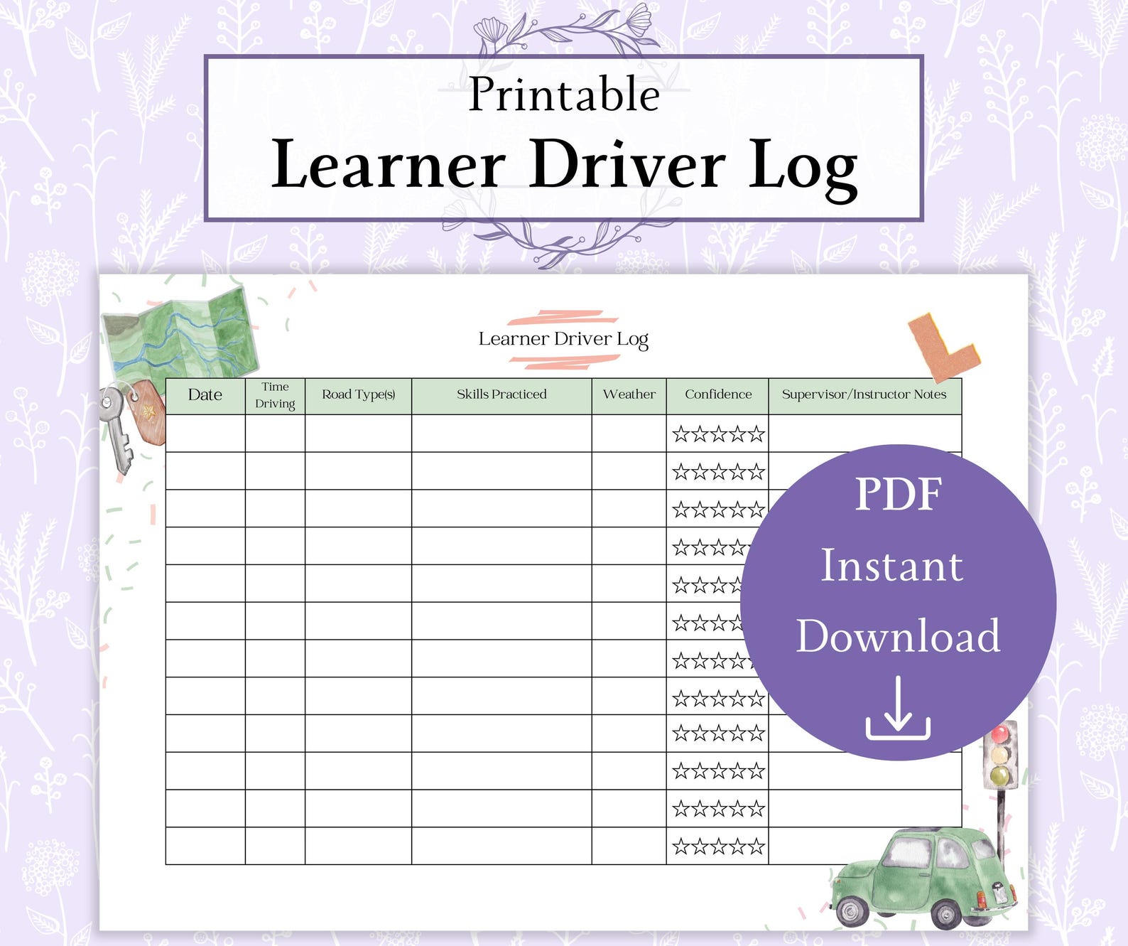 Learner Driver Log Sheet Printable PDF | Driving Lesson Tracker ...