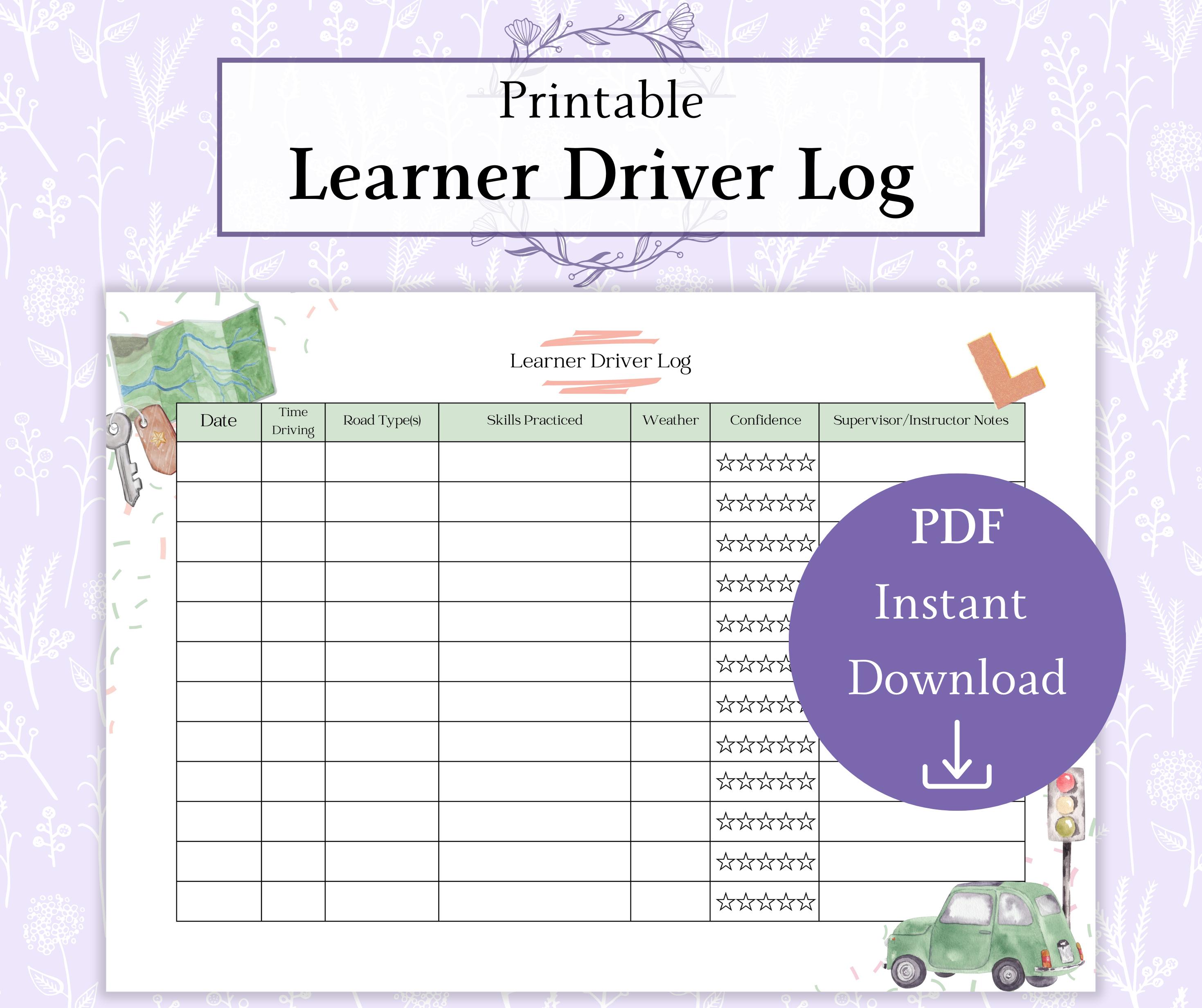 Learner Driver Log Sheet Printable PDF | Driving Lesson Tracker | Practise Driving Session Log ...