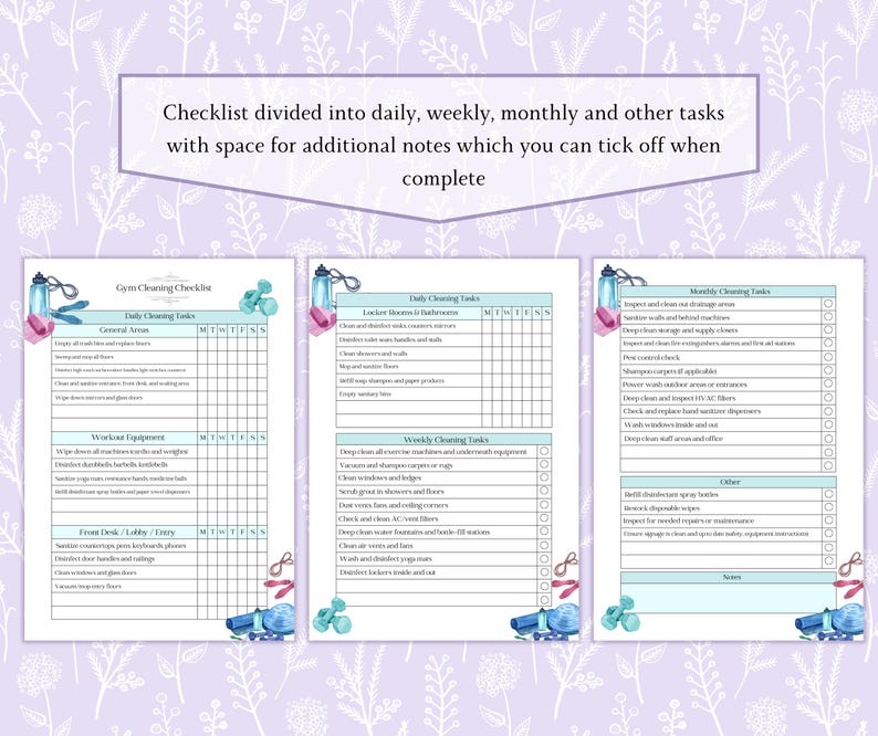Gym Cleaning List Printable PDF | Gym Checklist Janitorial Checklist ...