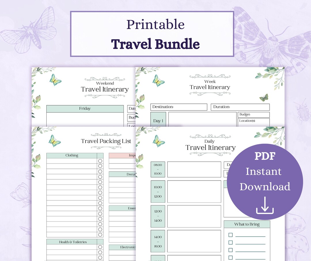 Travel Itinerary and Packing List Printable PDF Bundle | Daily Planner ...