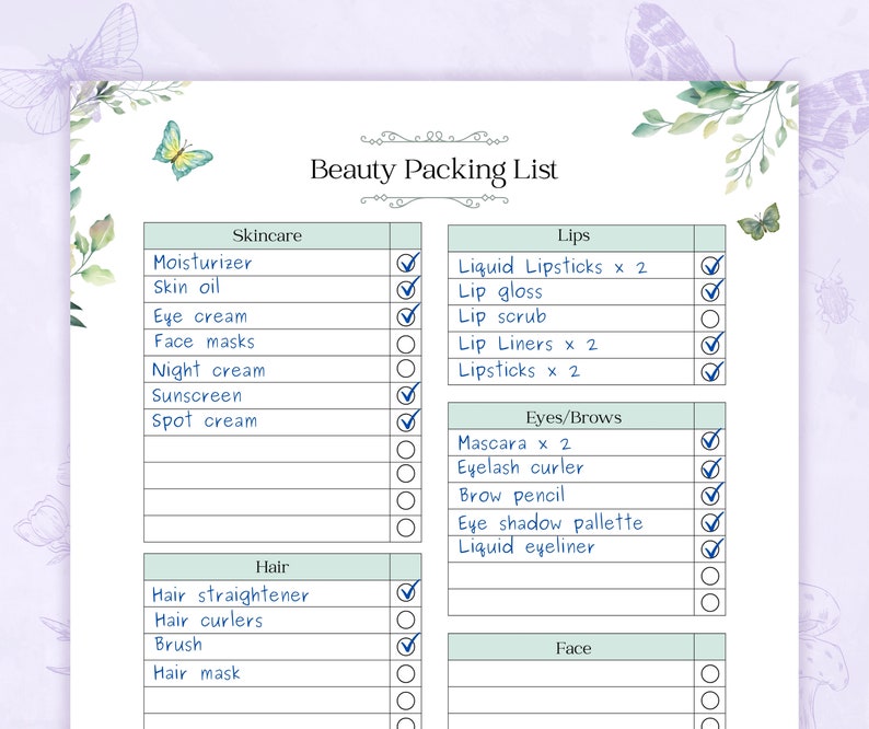Beauty Packing List Printable PDF | Makeup Packing List | Beauty Travel ...