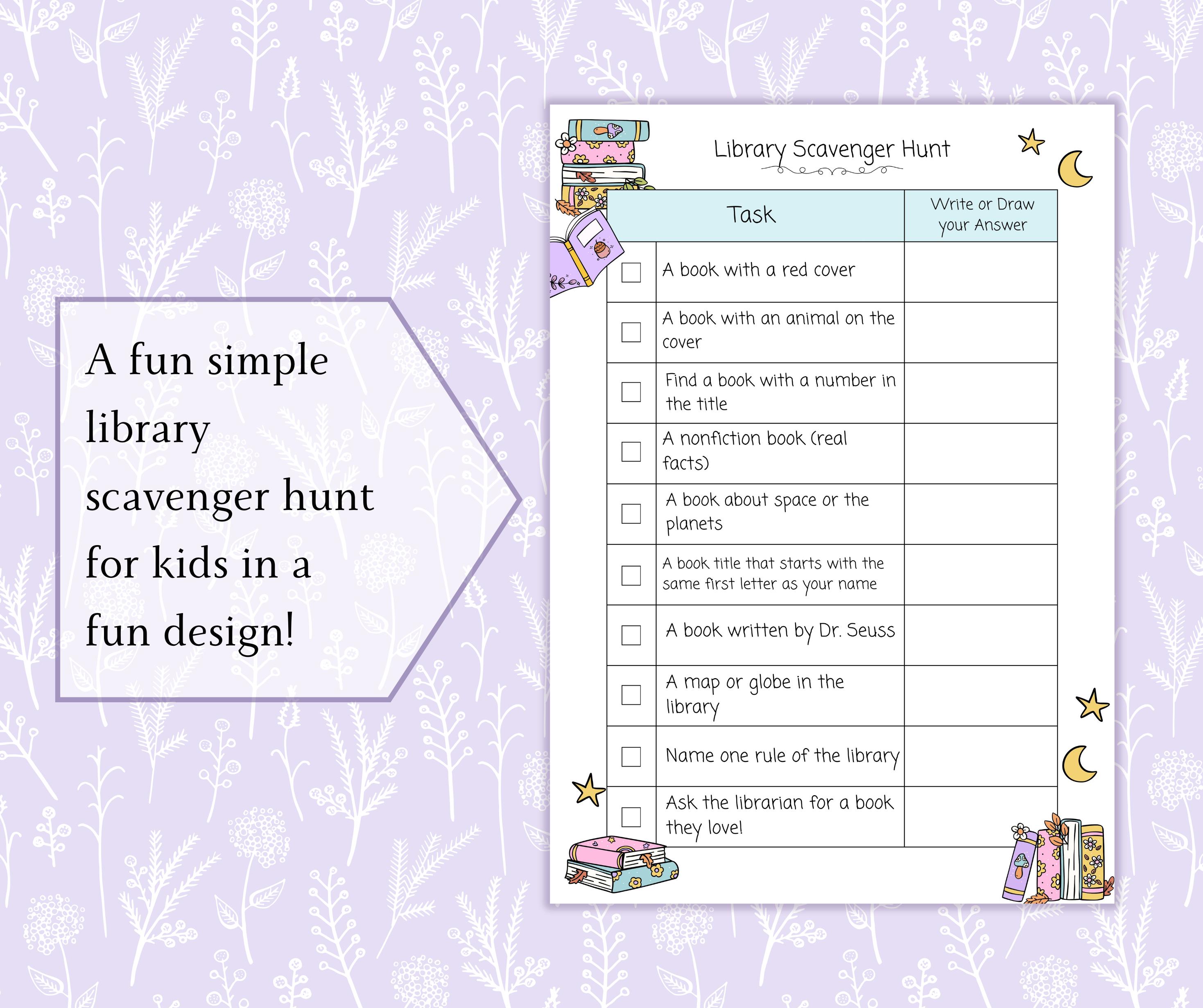 Kids Library Scavenger Hunt Printable PDF | Library Lesson Book ...