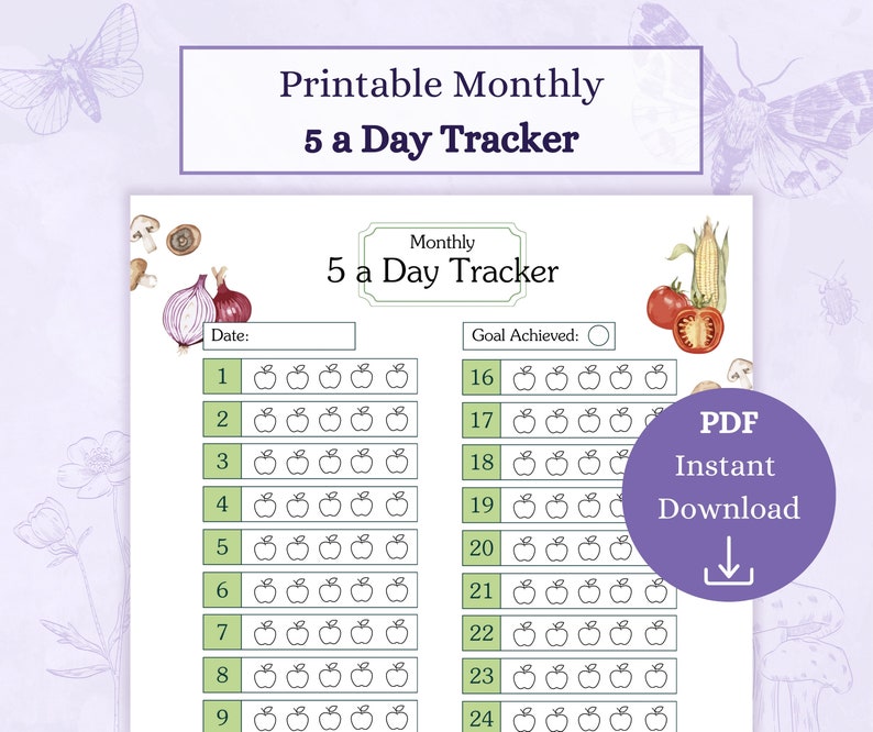 Monthly Five a Day Tracker Printable PDF | Food Diary | Monthly ...