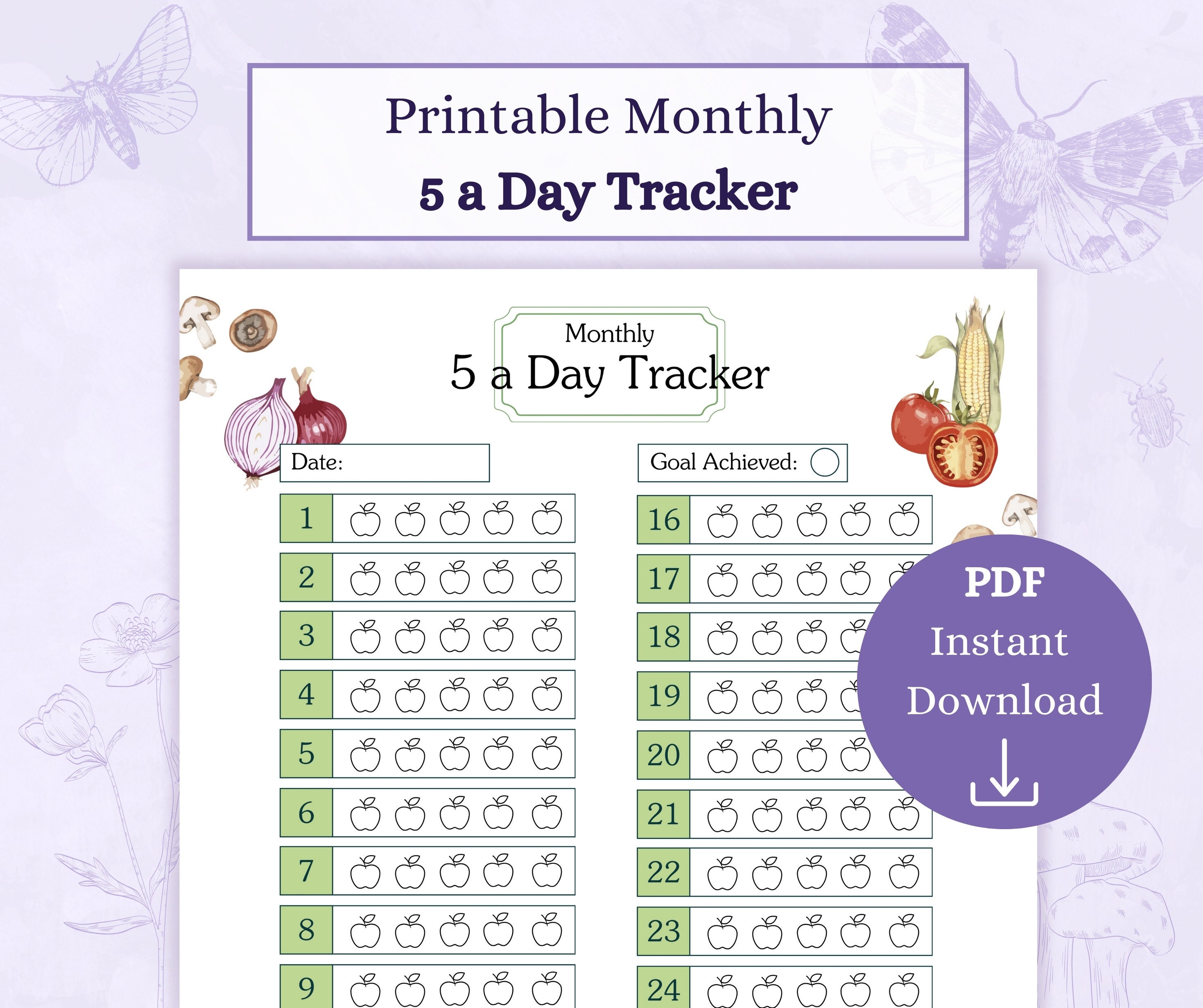 Monthly Five a Day Tracker Printable PDF | Food Diary | Monthly ...