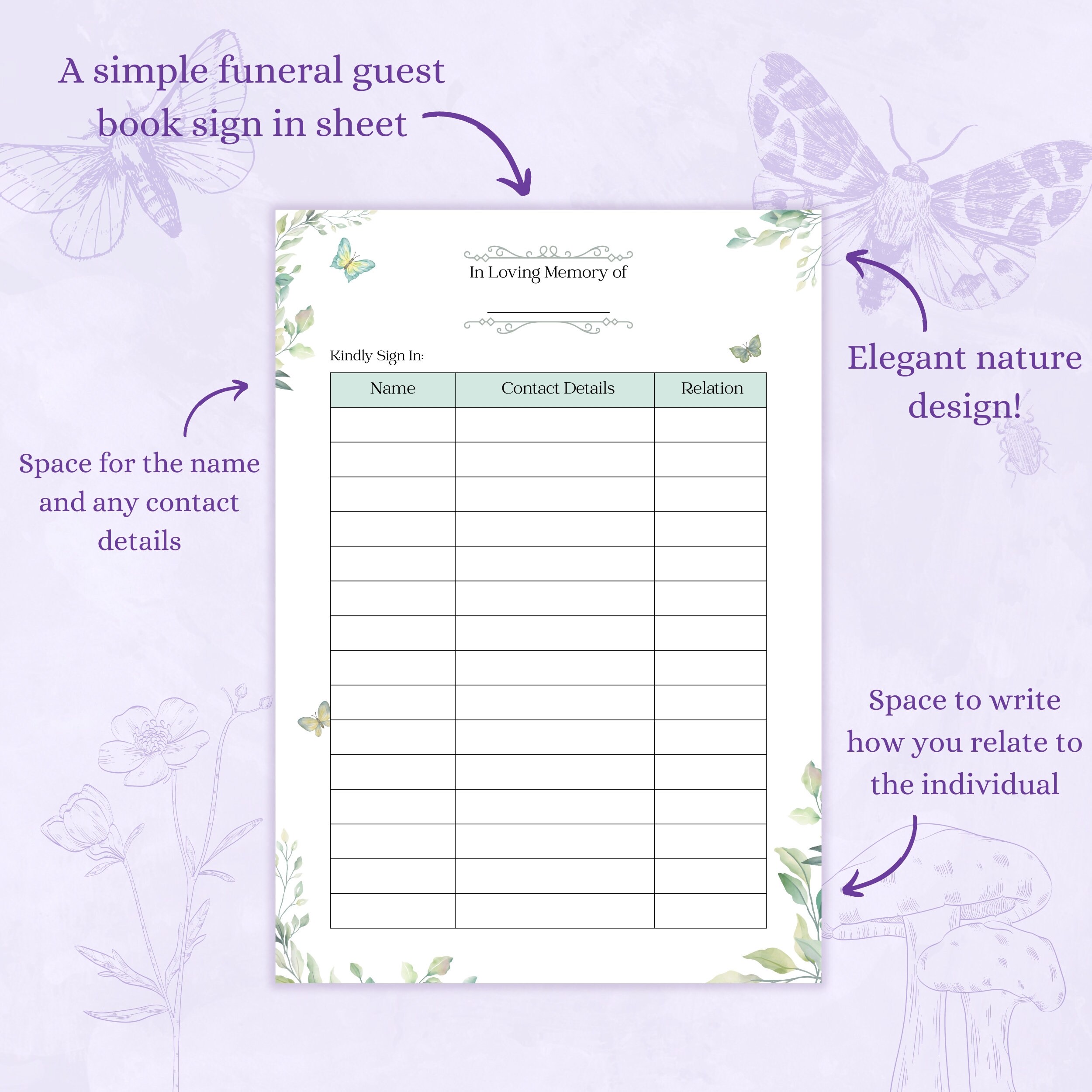 Funeral Guestbook Sheet Printable PDF | Wake Sign in Sheet | Sign up ...