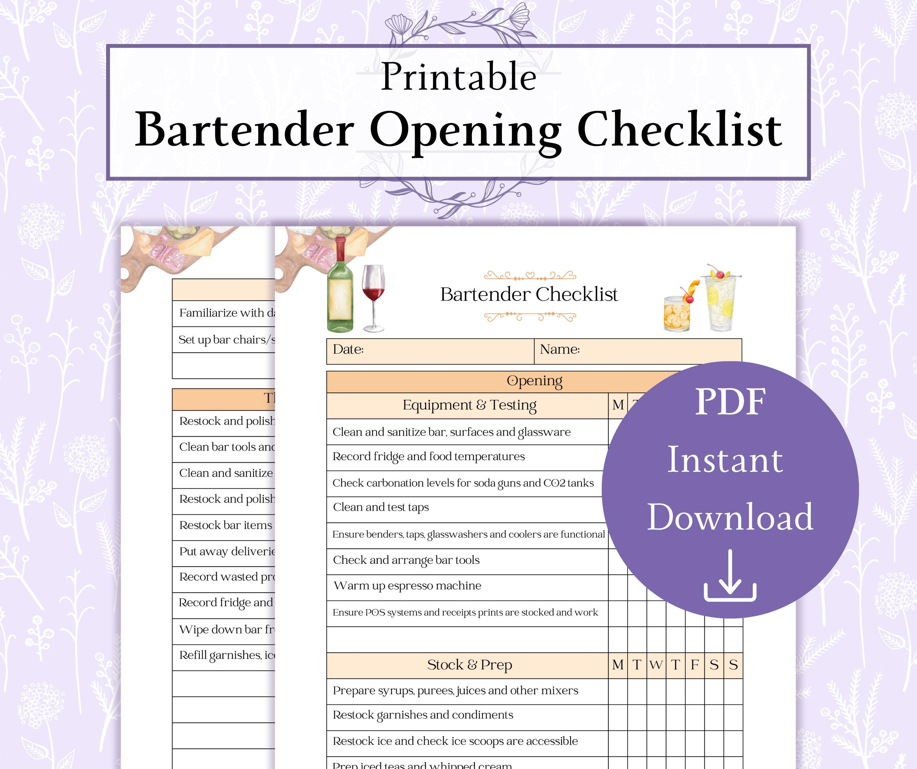 Bartender Opening Checklist Printable PDF | Bar Forms | Bar Record ...