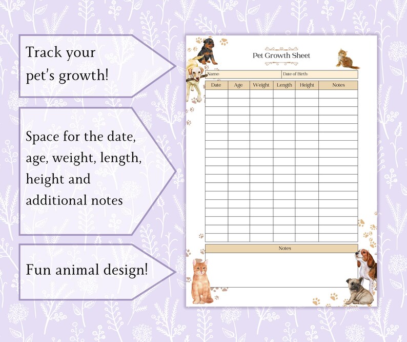 Pet Growth Sheet Printable PDF | Puppy Growth Tracker | Printable Pet ...