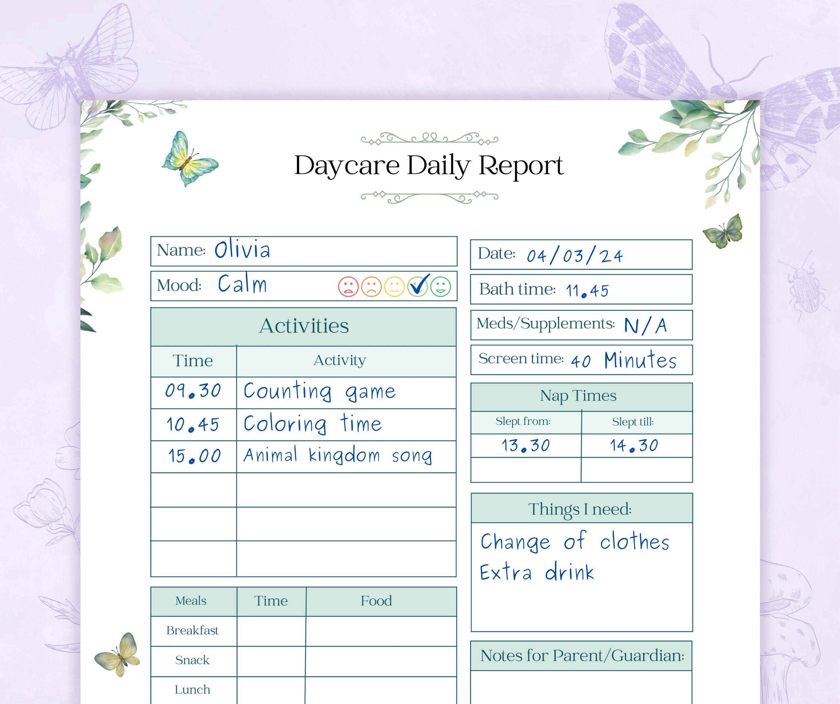 Daycare Daily Report Printable PDF | Caregiver Log | Printable Nanny ...