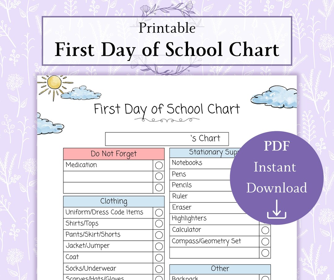 First Day of School Chart Printable PDF | First Day of School Checklist ...