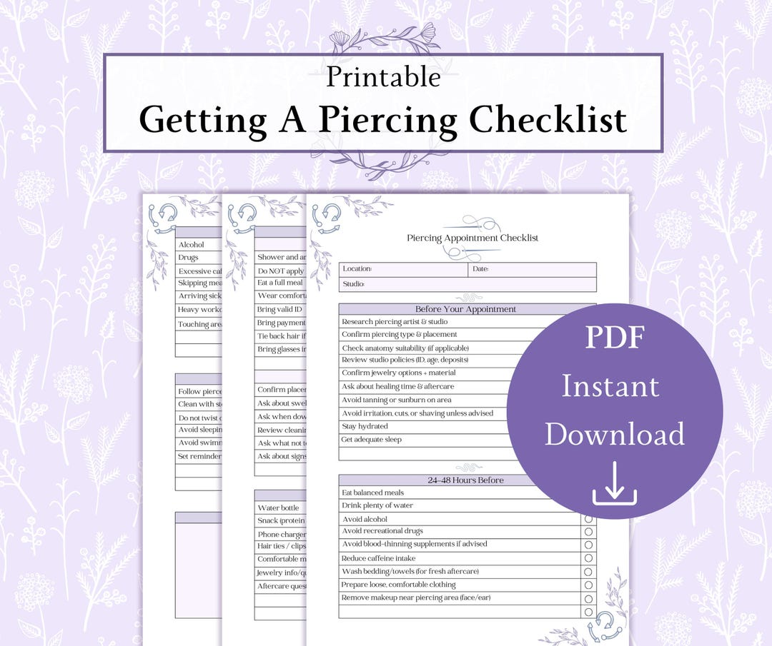 Piercing Checklist Printable PDF, Piercing Appointment Prep and ...