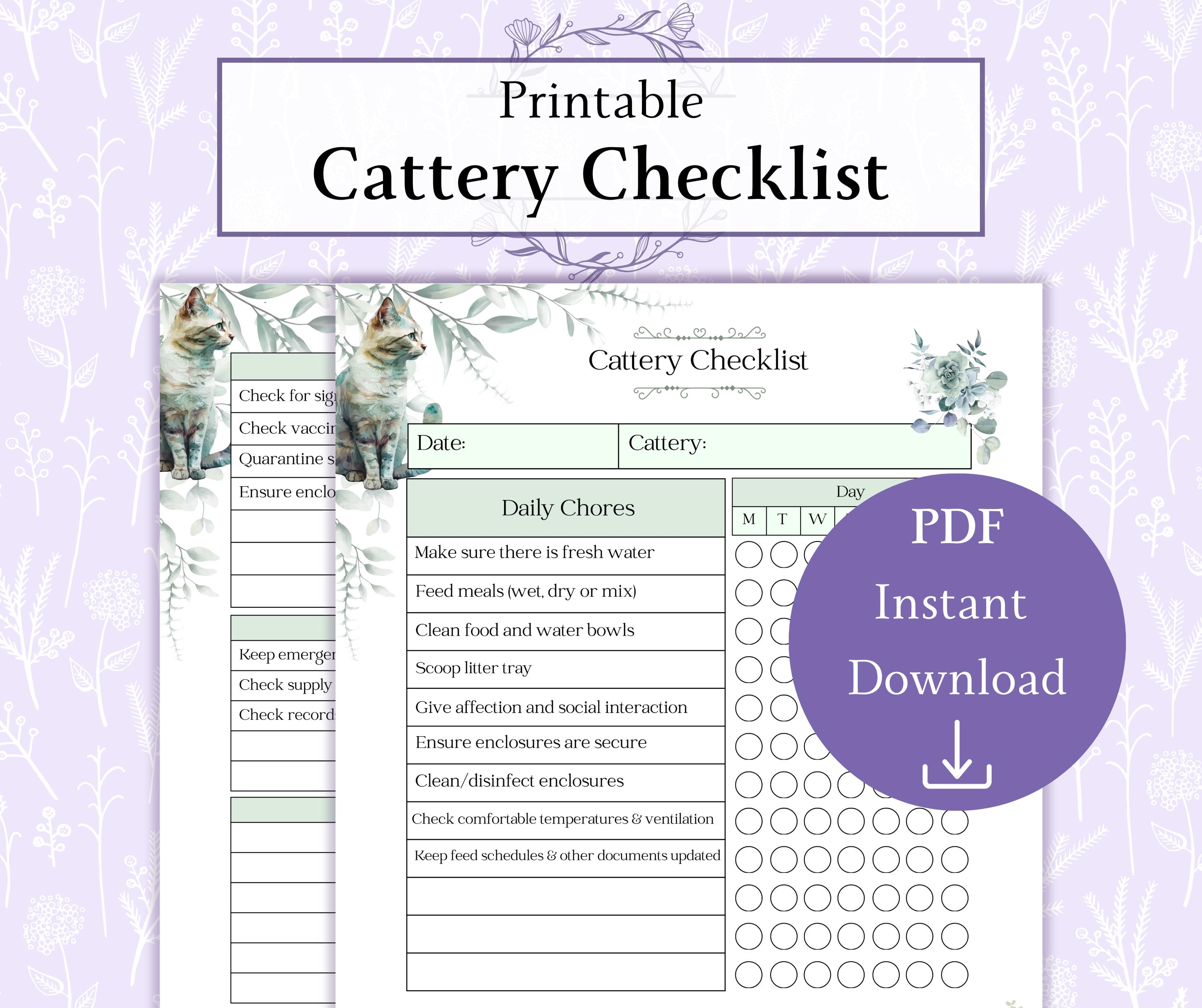 Cattery Checklist Printable PDF | Animal Shelter Checklist | Cat Daily ...