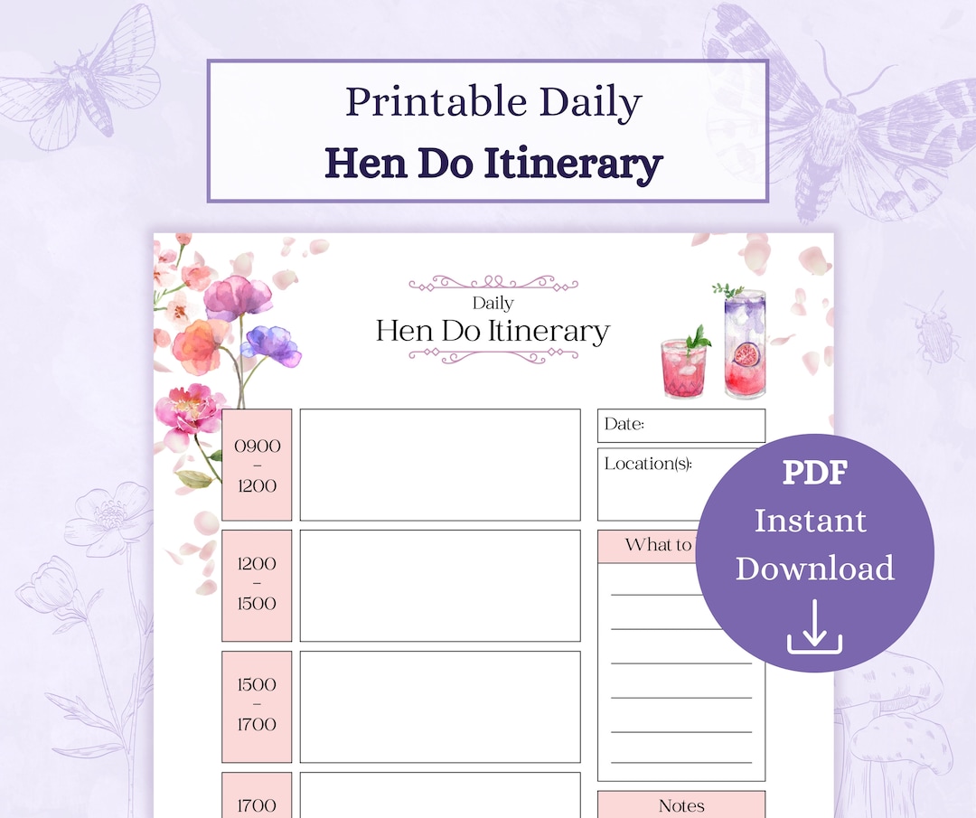 Hen Party Schedule Printable PDF | Daily Hen Do Itinerary | Bride Squad ...