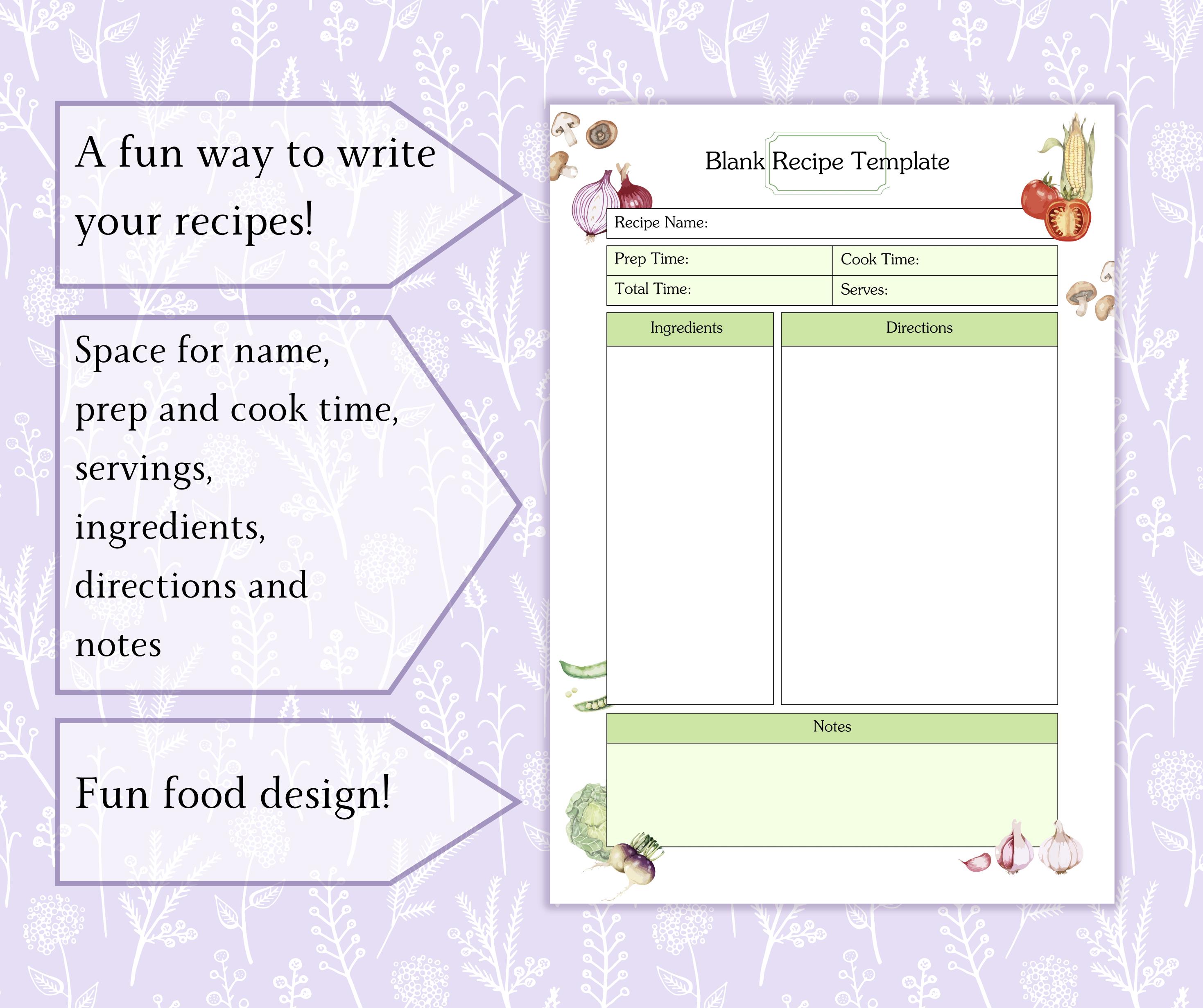 Blank Recipe Template Printable PDF | 1 Recipe per Page | Recipe ...
