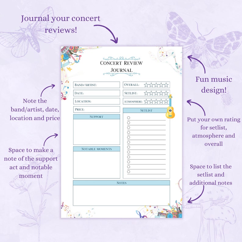 Concert Journal Bundle Printable PDF | Gig Tracker Live Music Review ...