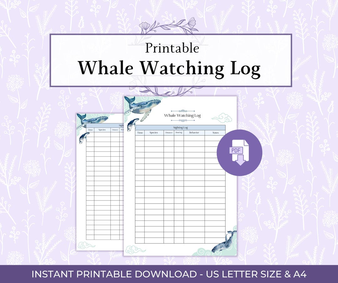 Whale Watching Log Printable PDF, Whale Sighting Tracker, Marine Life ...