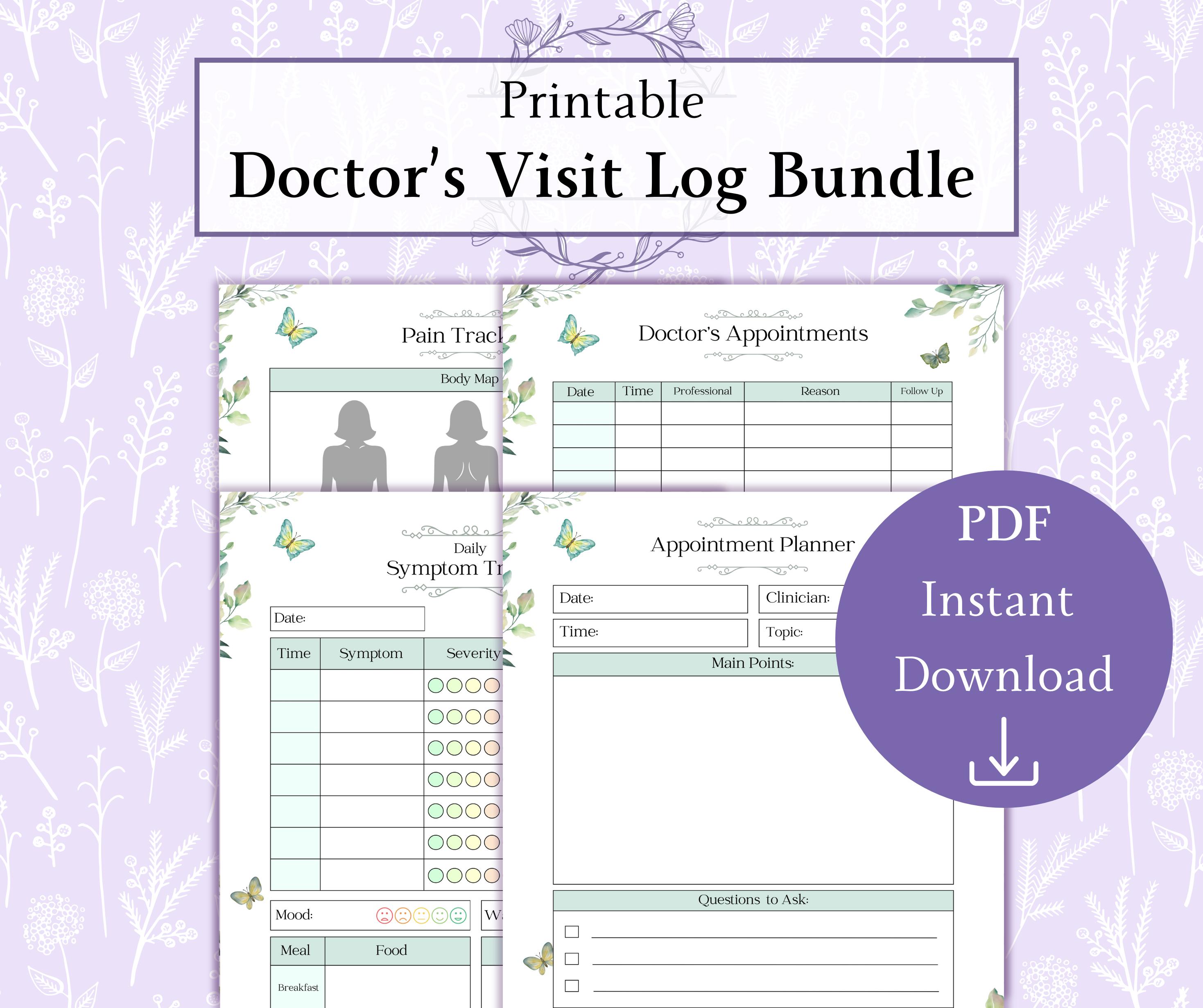 Doctor Visit Log Bundle Printable PDF | Doctor Visit Planner | Symptom ...