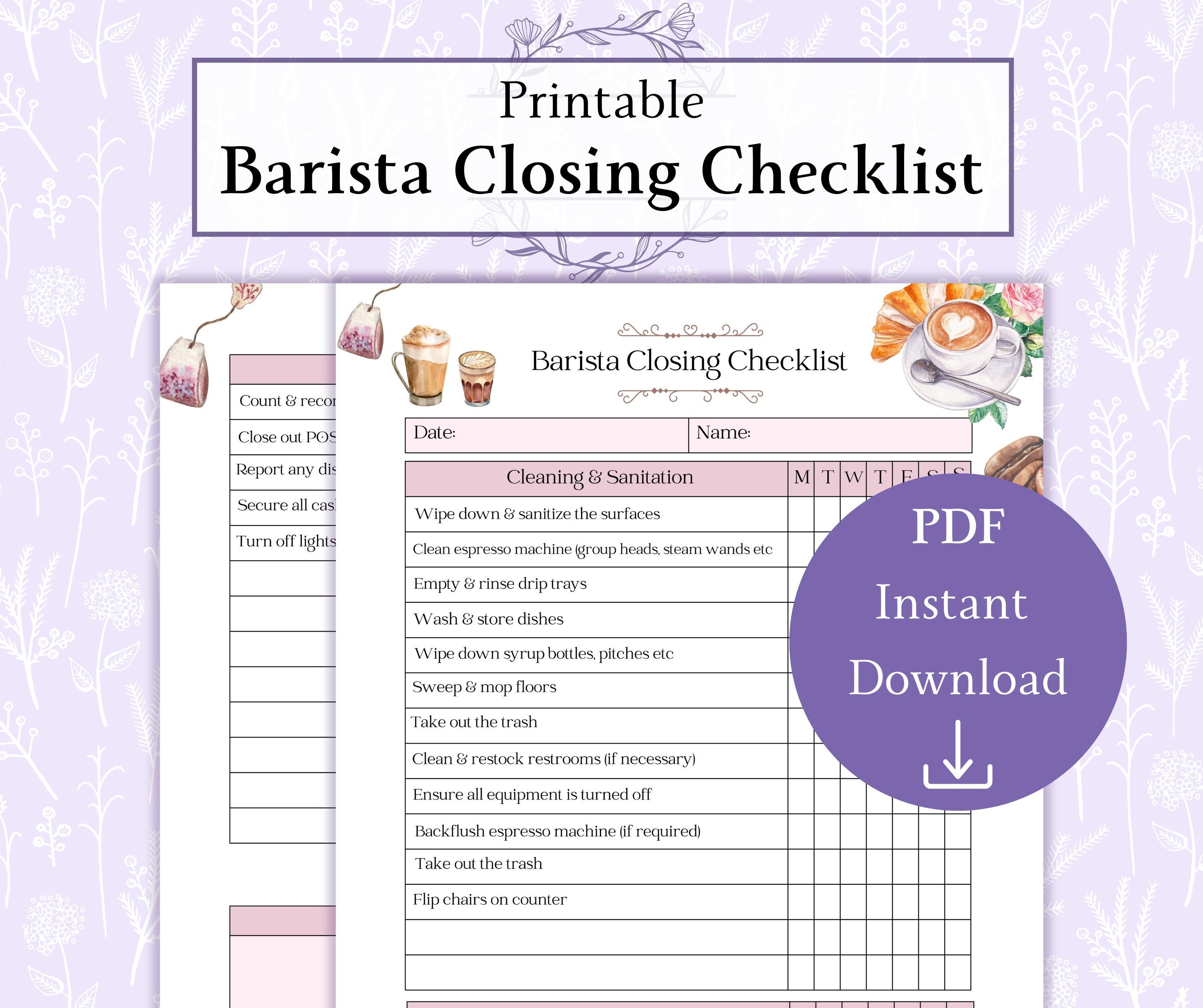 Barista Closing Checklist Printable PDF | Cafe Checklist | Server ...