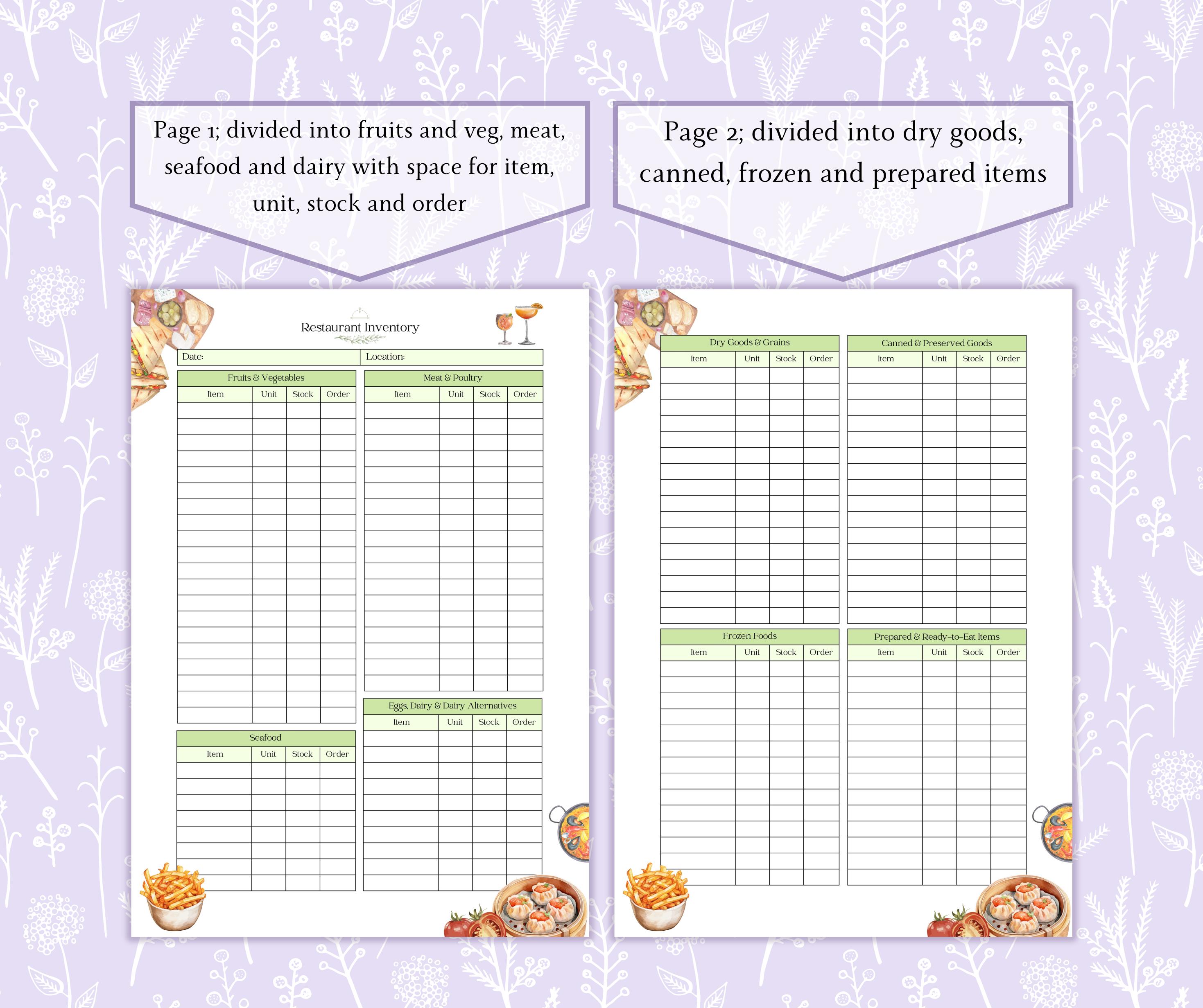 Restaurant Inventory Sheet Printable PDF | Restaurant Checklist ...