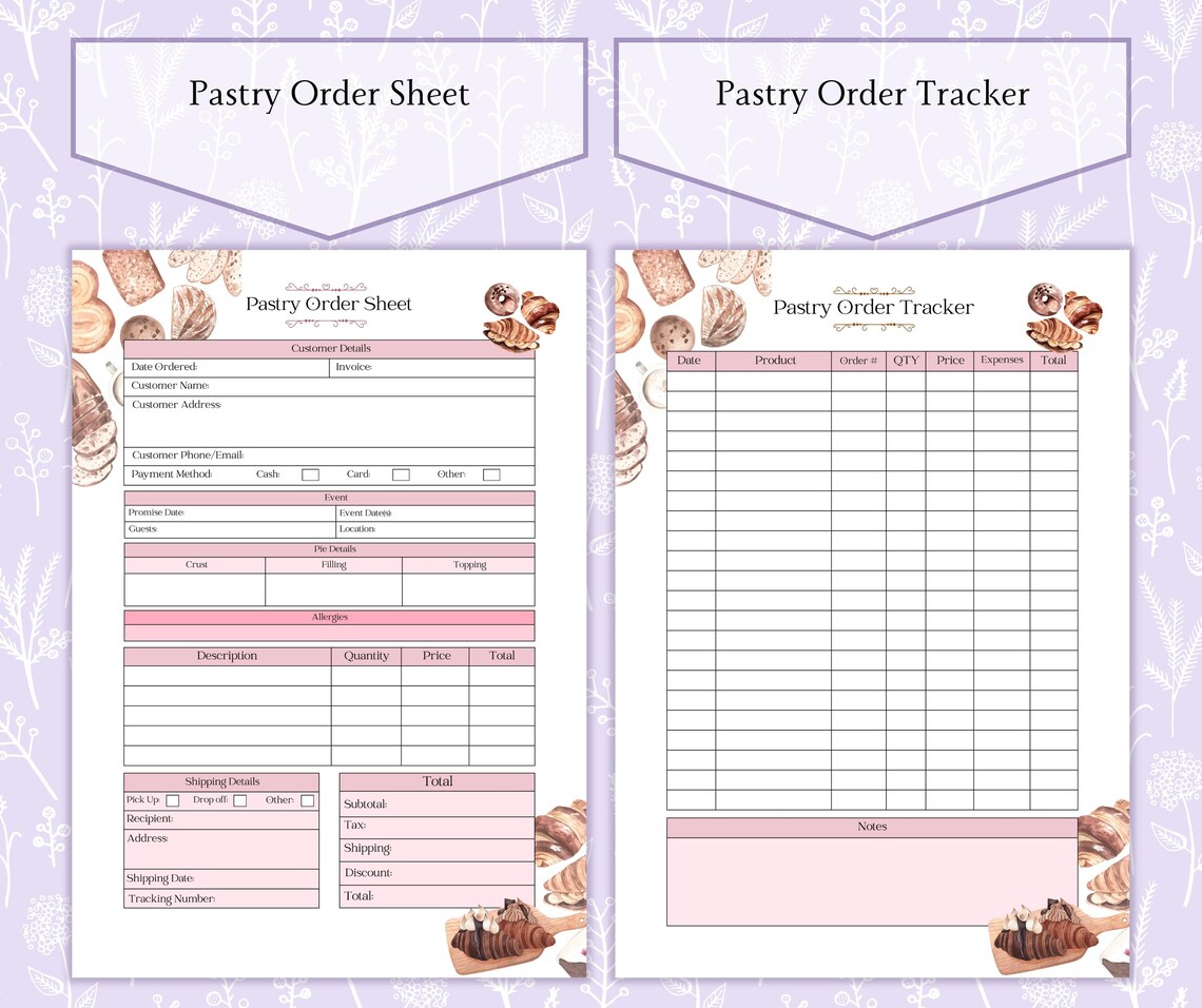 Pastry Order Form Printable PDF | Pastry Order Log | Dessert Order Form ...