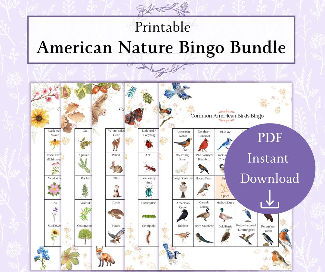 American Nature Bingo Bundle Printable PDF, 5 Printable Bingo Games ...