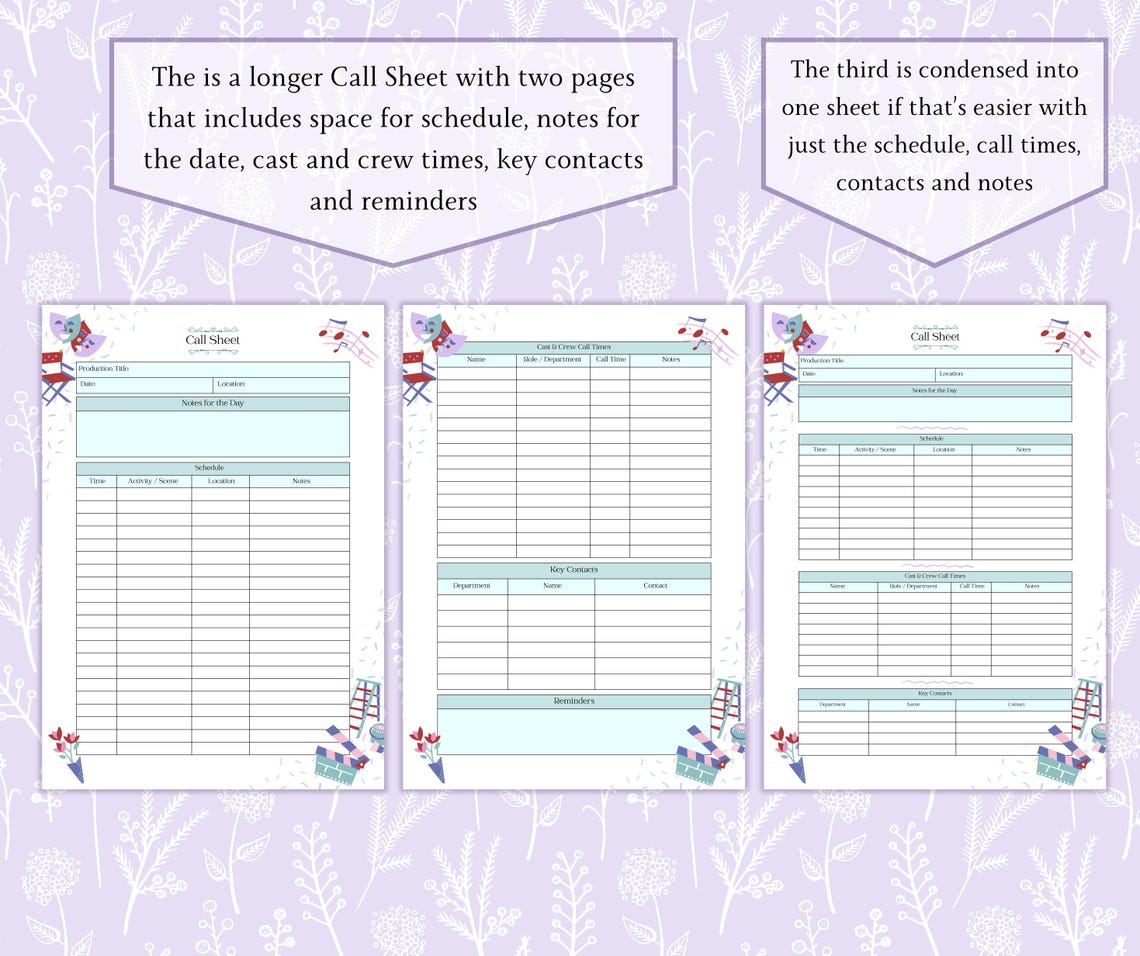 Call Sheet Bundle Printable PDF | Theater Call Sheets | Stage Manager ...