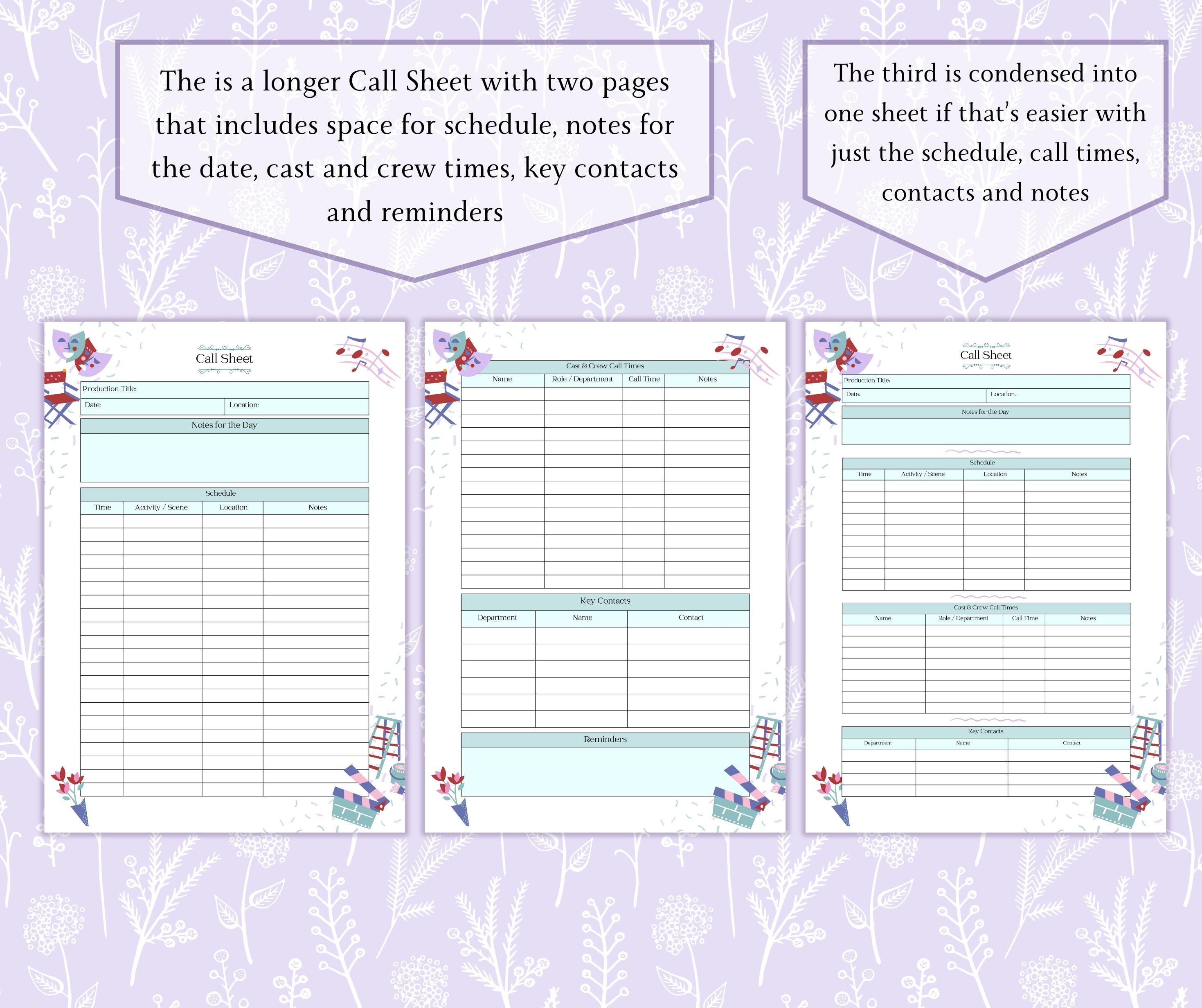 Call Sheet Bundle Printable PDF | Theater Call Sheets | Stage Manager ...