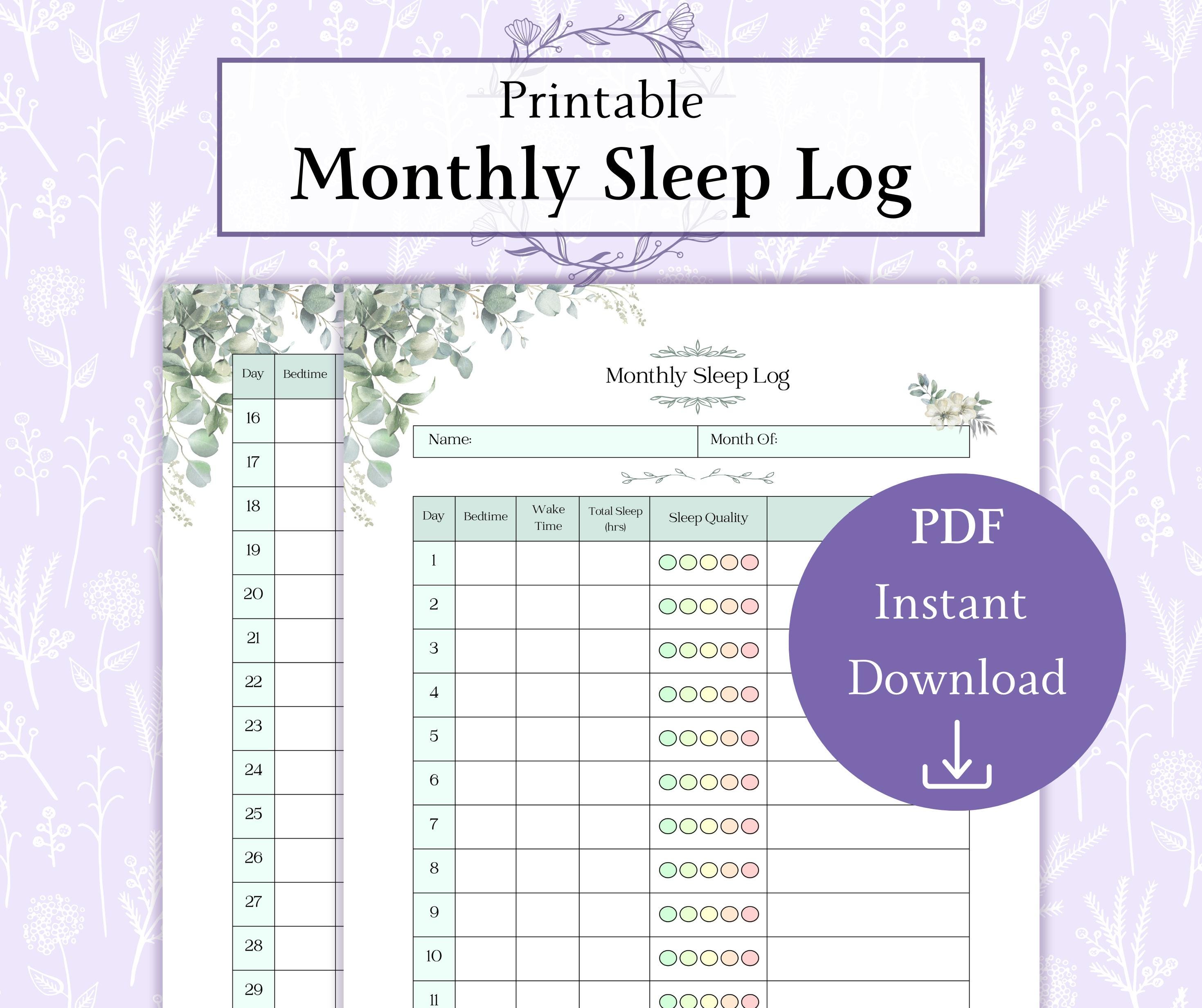 Monthly Sleep Log Printable PDF | Sleep Tracker | Monthly Sleep Planner ...