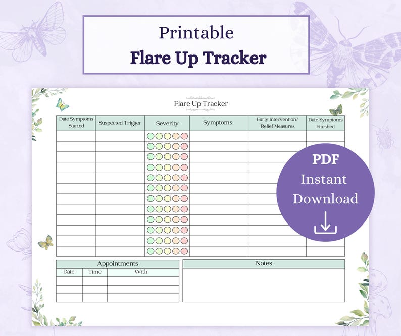 Flare up Tracker Printable PDF | Symptom Tracker | Flare up Journal ...