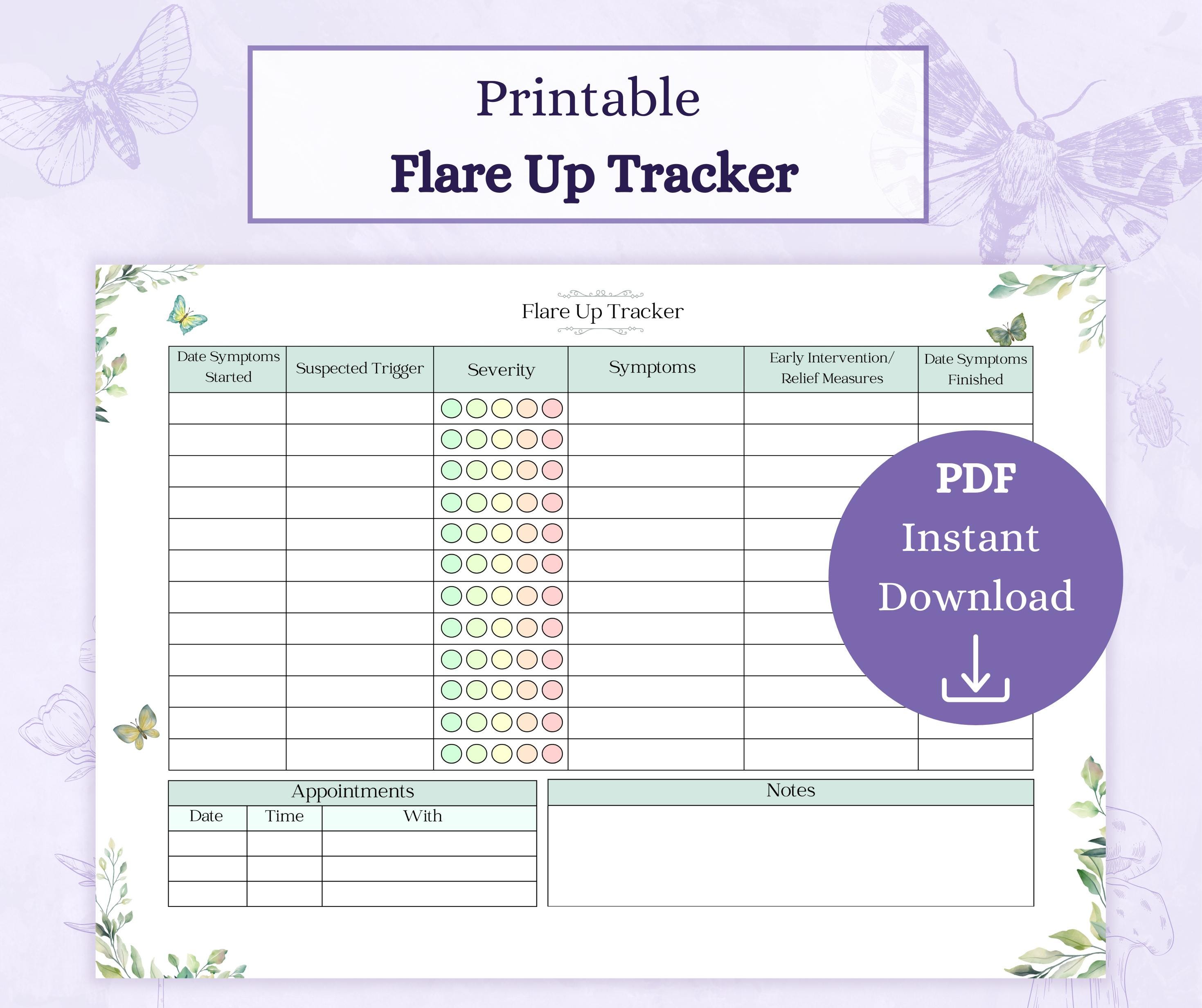 Flare up Tracker Printable PDF | Symptom Tracker | Flare up Journal ...