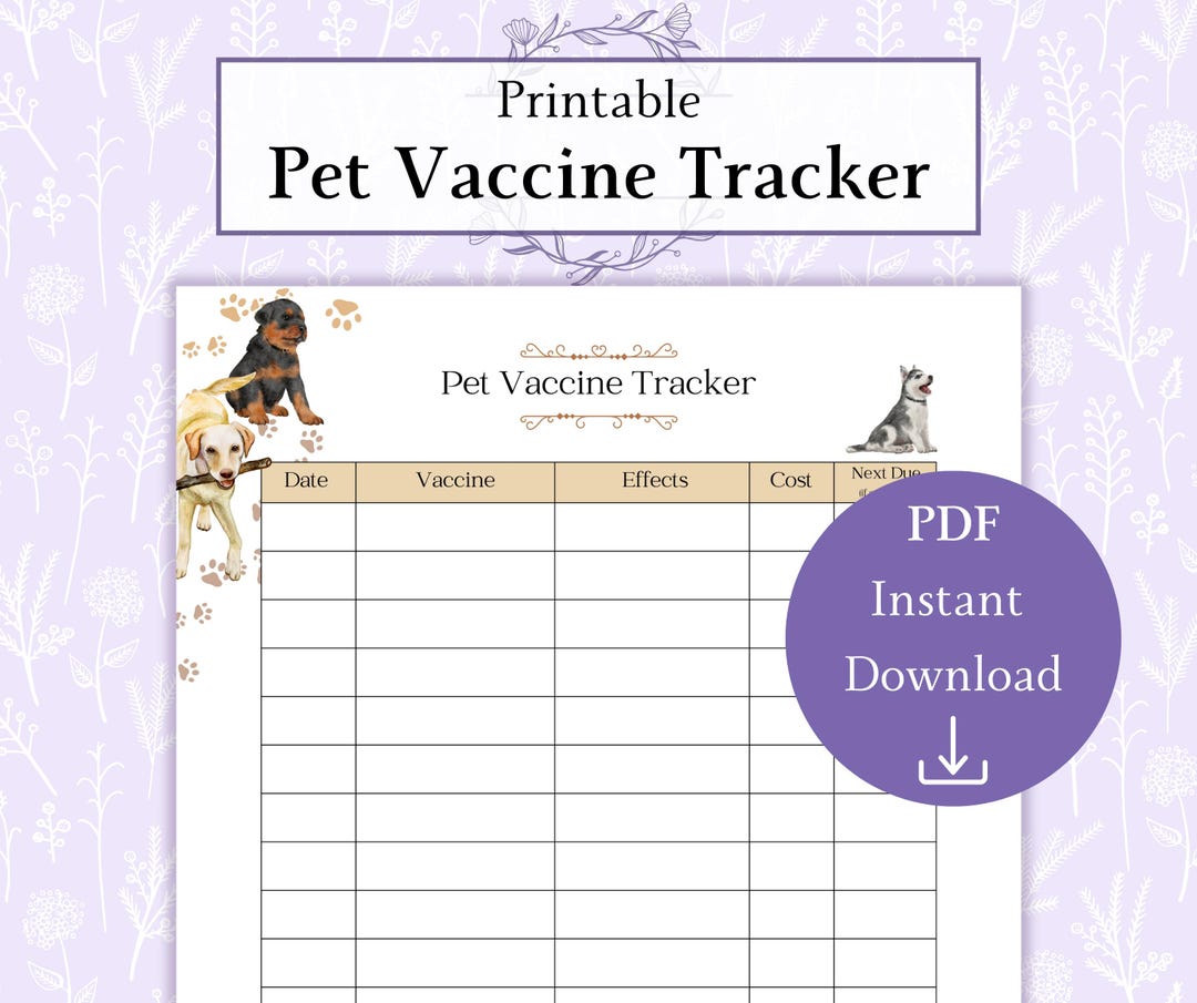 Pet Vaccine Tracker Printable PDF | Immunization Chart | Pet Health Log ...