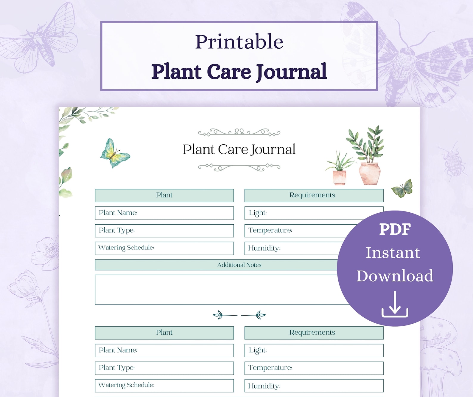 Plant Care Journal Printable PDF | House Plant Care Instructions | Pot ...