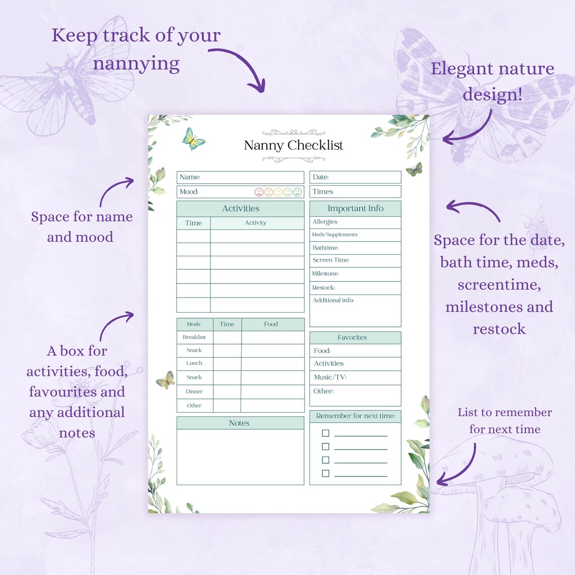 Nanny Checklist Printable PDF | Caregiver Checklist | Nanny Schedule ...